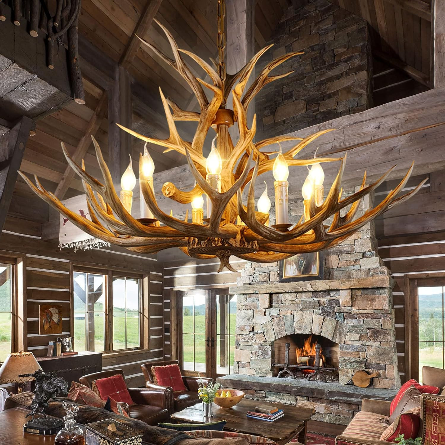 Millwood Pines Antler Chandelier Lighting Double Layer, 14 Antlers + 8 ...
