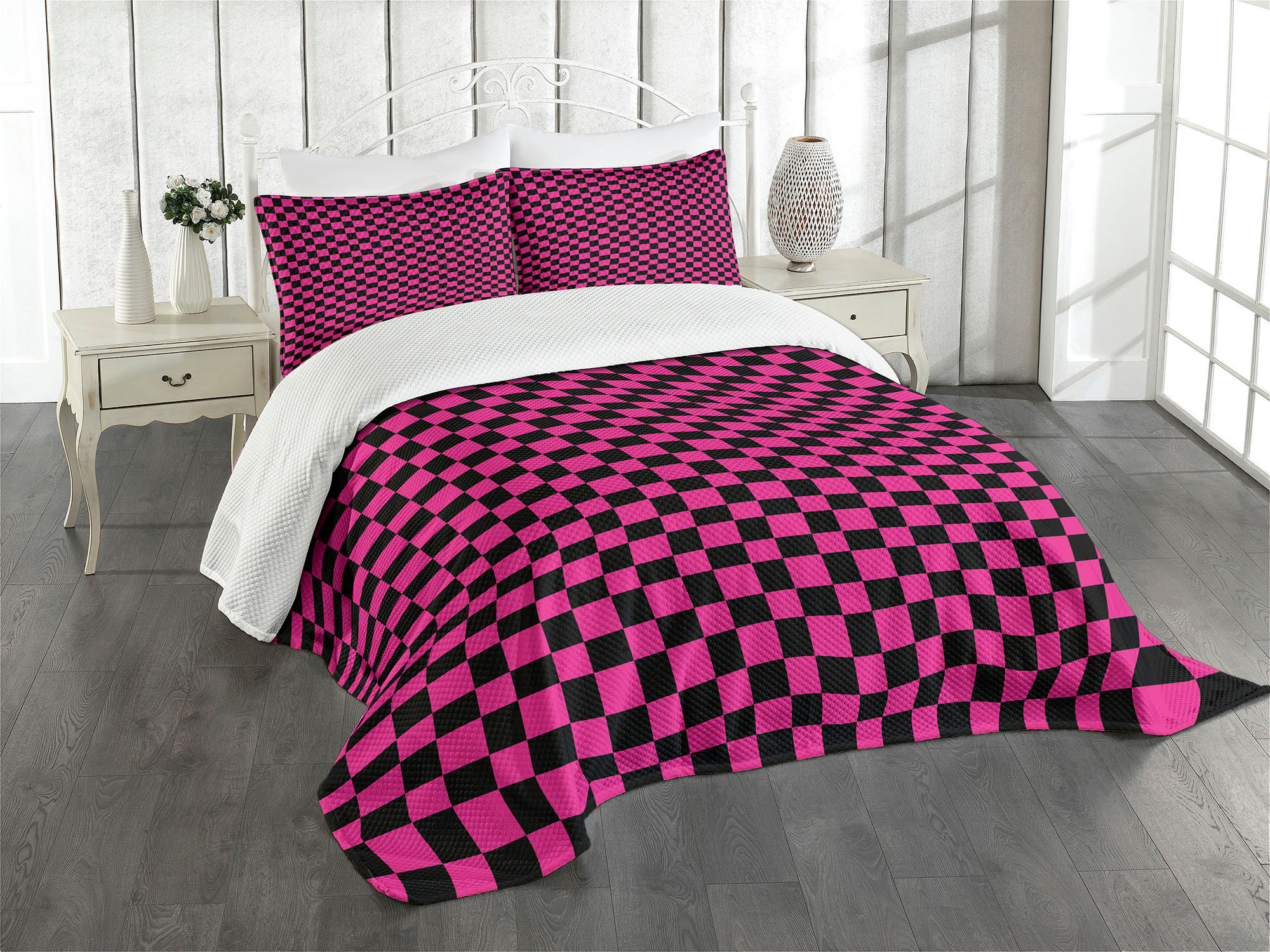 Ambesonne Hot Pink Bedspread Set Gingham Checks Vibrant Magenta Black ...
