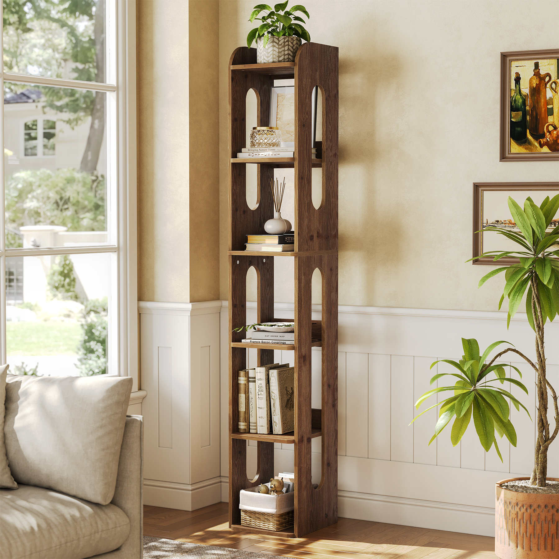 17 Stories 70.87" Solid Wood Tall Storage Shelf, Narrow 6-Tier Shelving ...