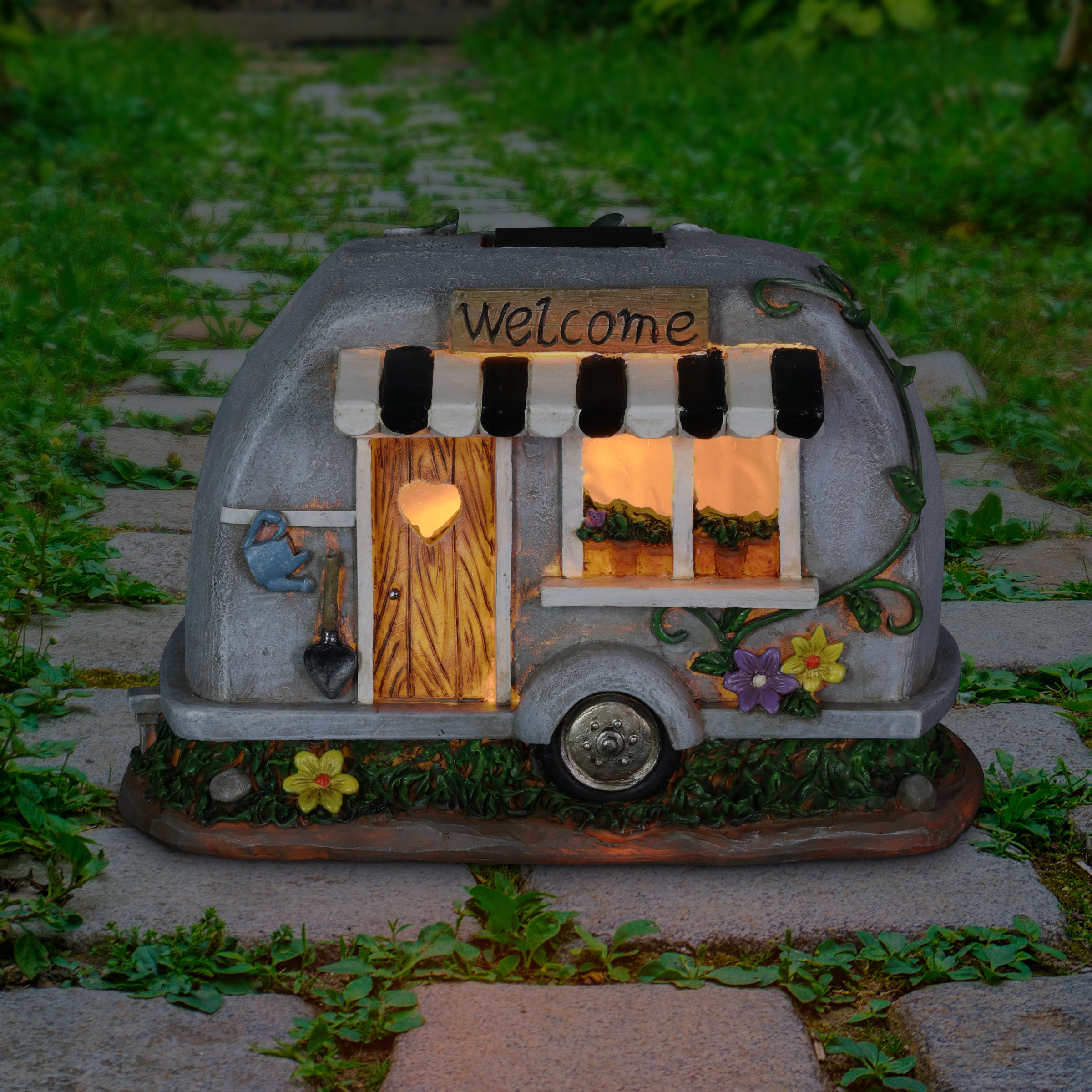 Exhart Solar Hand Painted Camping Trailer Statue with Welcome Sign, 5 ...