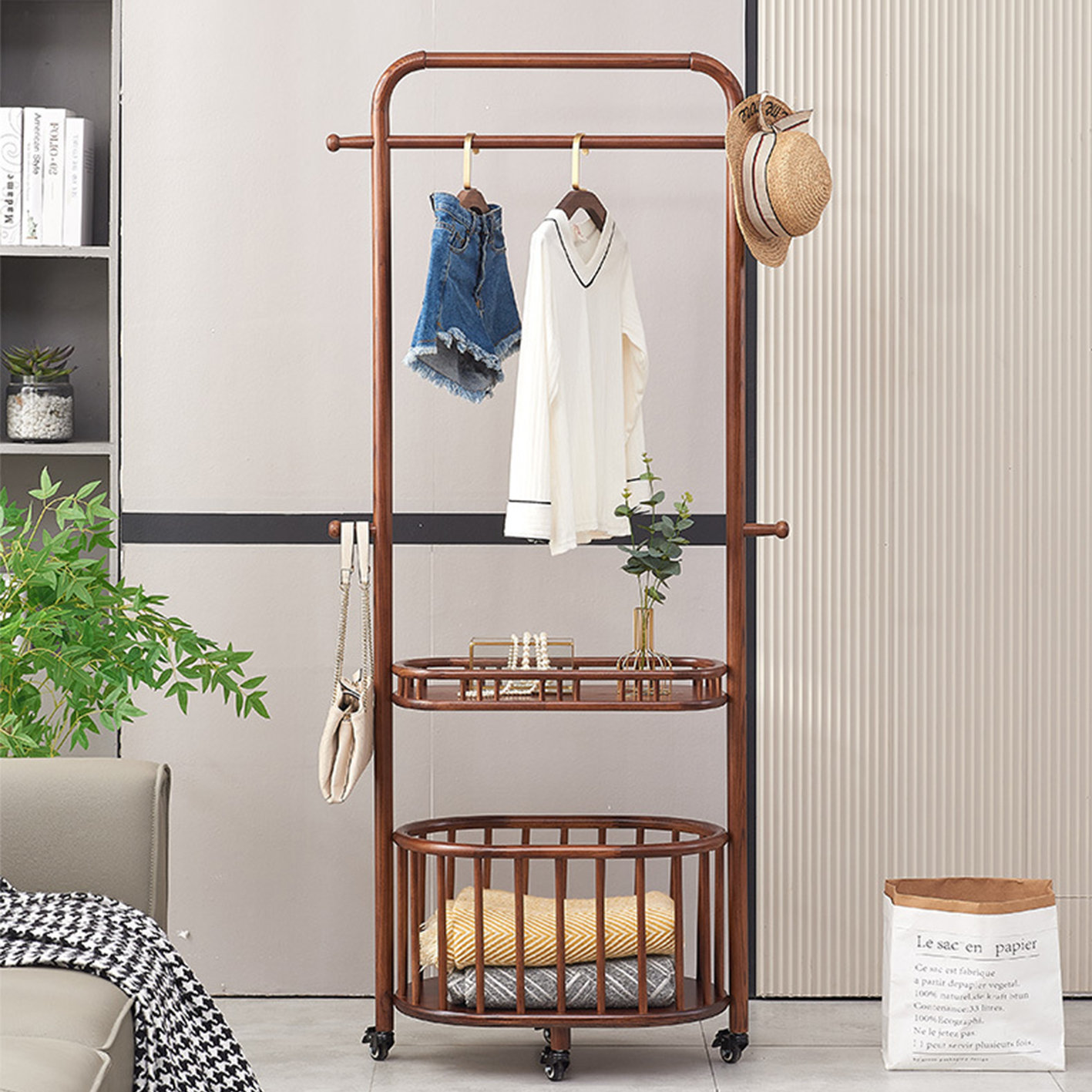Brass Foam Dark Brown Minimalism Solid Wood Clothes Rack | Wayfair