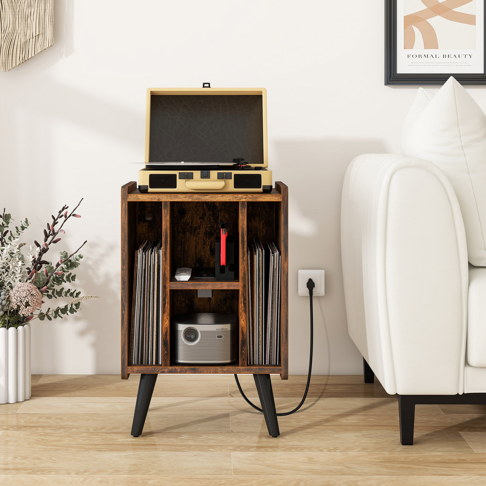 Millwood Pines Record Player Stand W/ Charging Station & Usb Ports ...