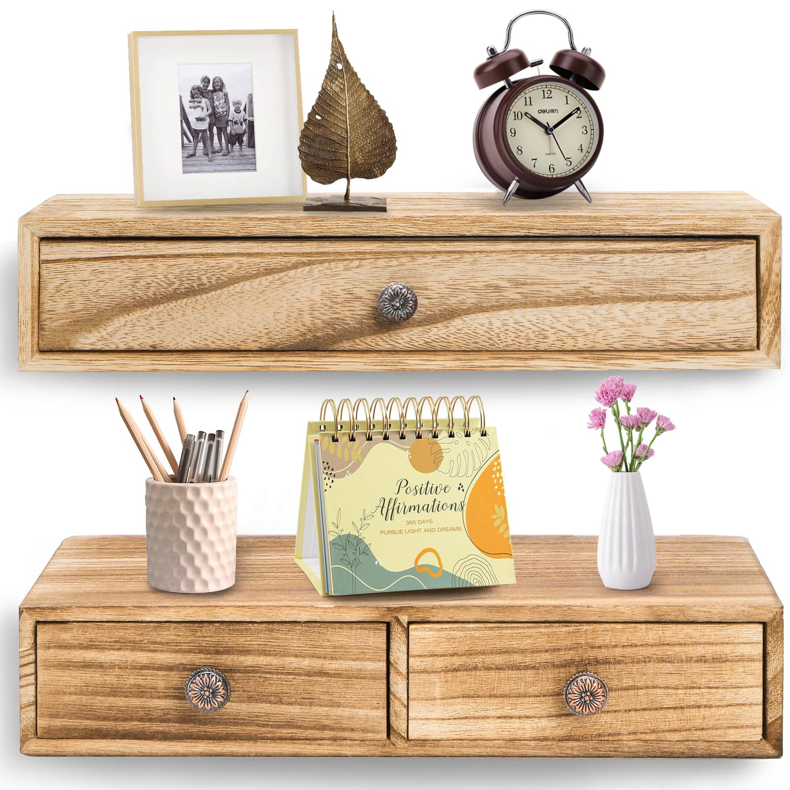 Latitude Run® 2 Packs Floating Nightstand With Drawer - Rustic Wood ...