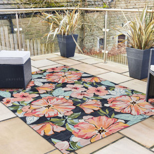 DECOMALL Floral Design Outdoor Rug Pink/Black No Slip for Deck Backyard ...