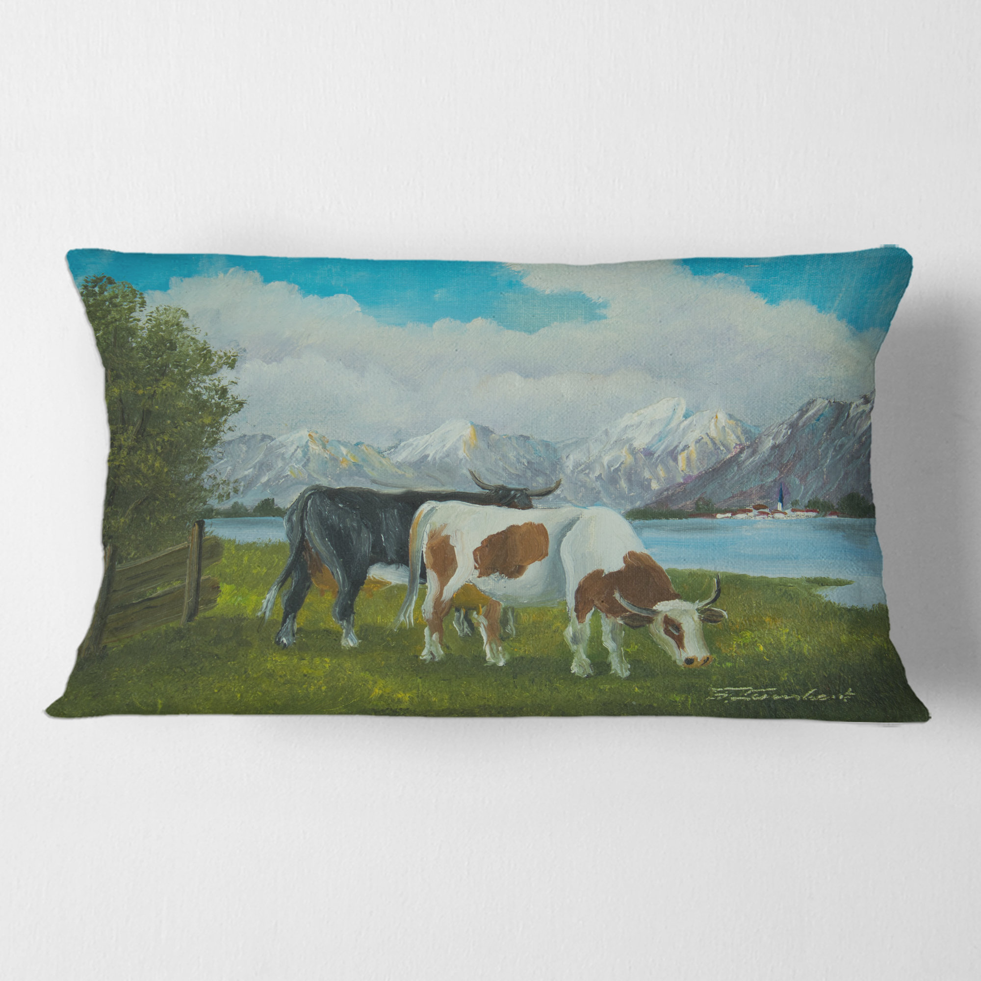 Design Art Spotted Cow in Front of a Lake Rectangular Pillow Cover ...