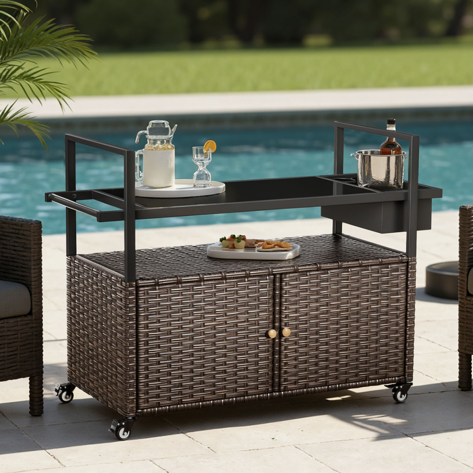 17 Stories Outdoor Swimming Pool All-Weather PE Wicker Bar Cart And ...