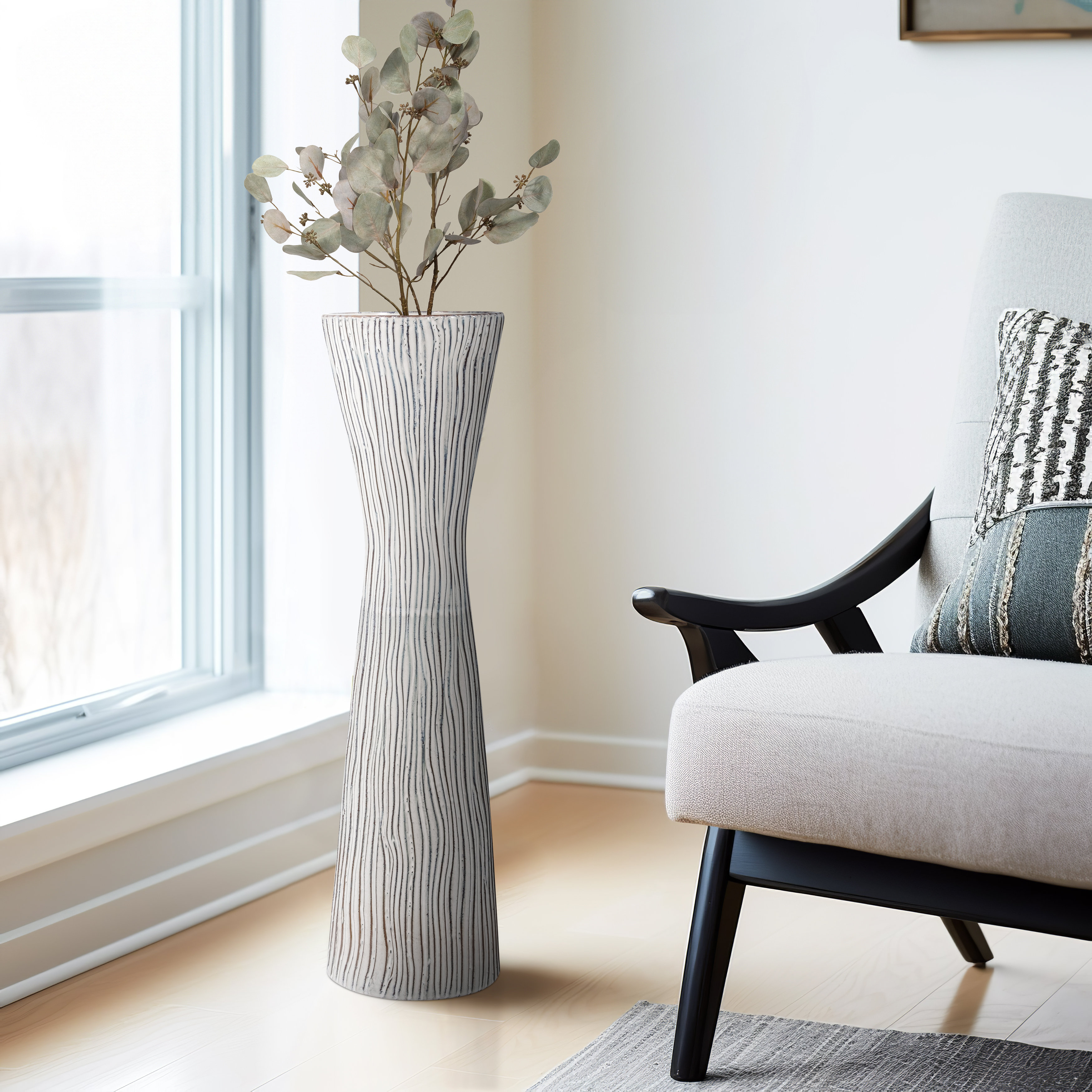 Ivy Bronx Elegance Graceful Ceramic Floor Vase, Stoneware, White, Trumpet, Ombre and Striped ...