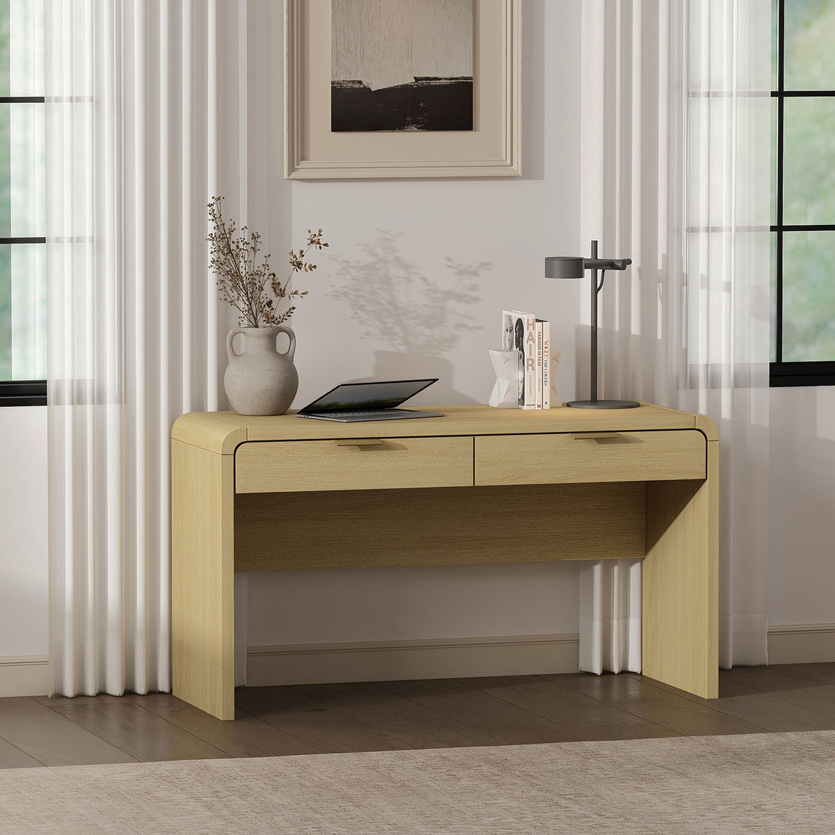 George Oliver Grace 54" Office Desk In Natural Oak (2-Drawer) - Wayfair ...
