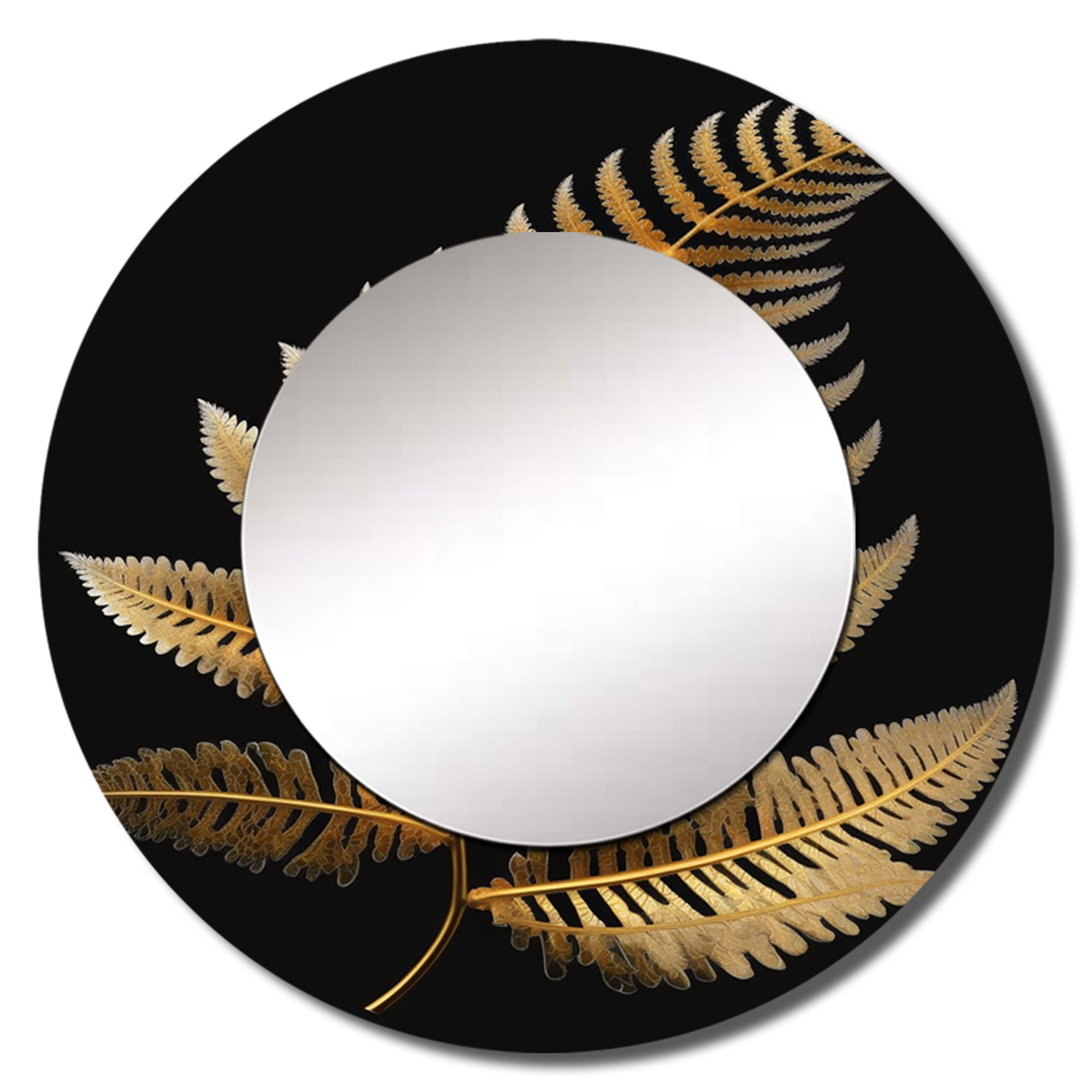 East Urban Home Sharalyn Golden Fern On Black I - Ferns Mirror, Modern Round Unique Wall Mirror ...