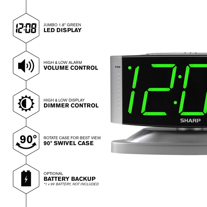 Sharp LED Digital Alarm Clock, Green LED Display, Silver Case, Swivel ...