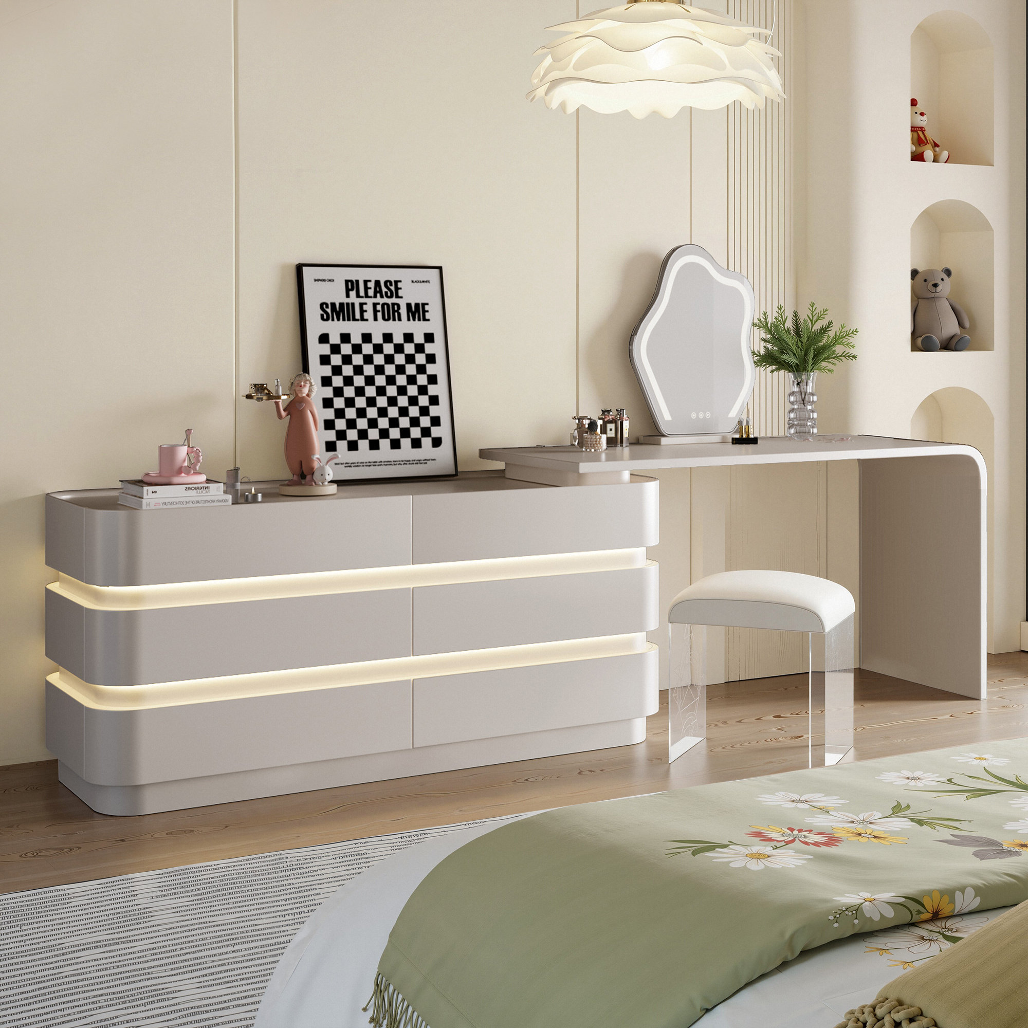 Orren Ellis Modern Makeup Vanities Table with 6-Drawers, Retractable 360 ° Rotation, LED Emit ...