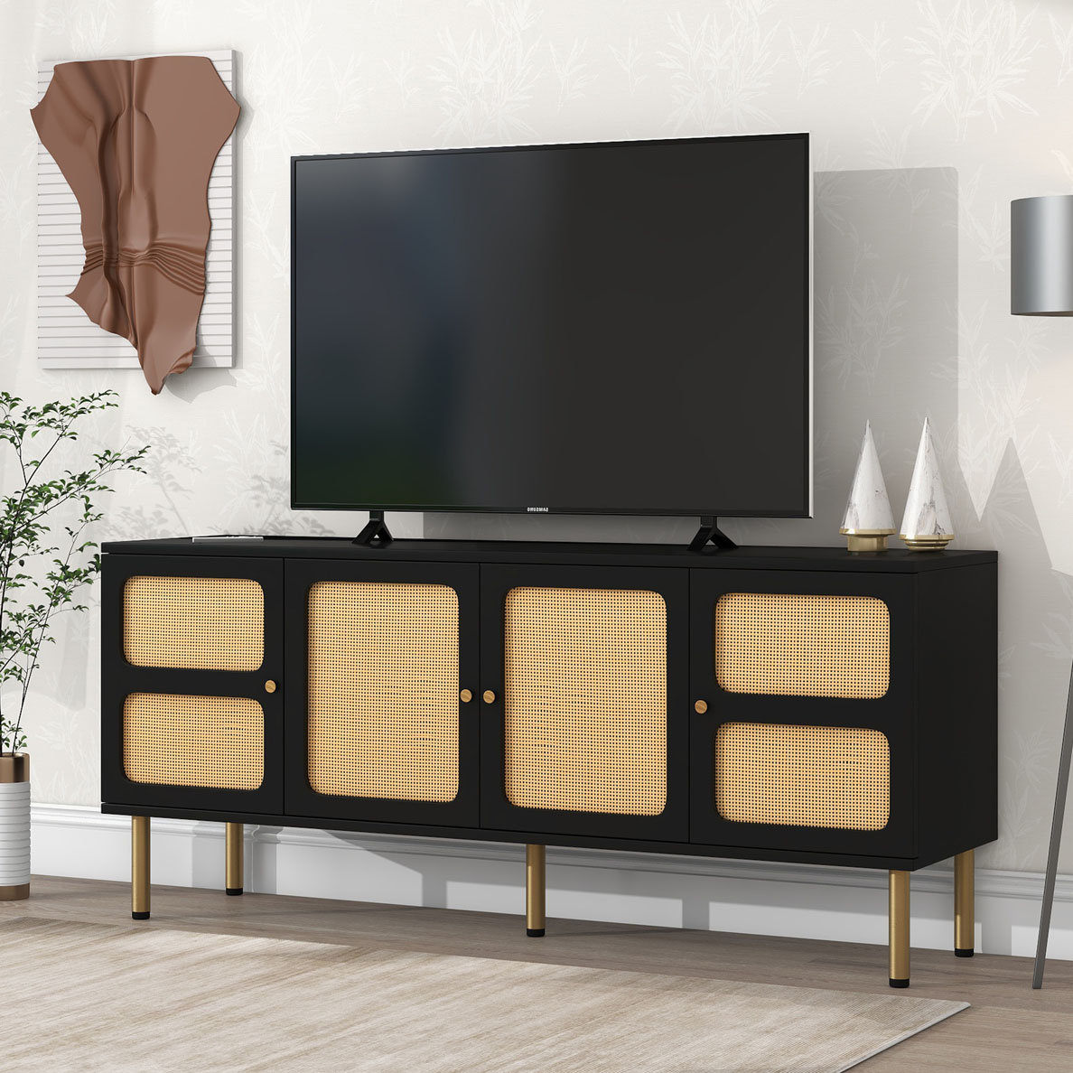Mercer41 TV Stand with Rattan Door | Wayfair