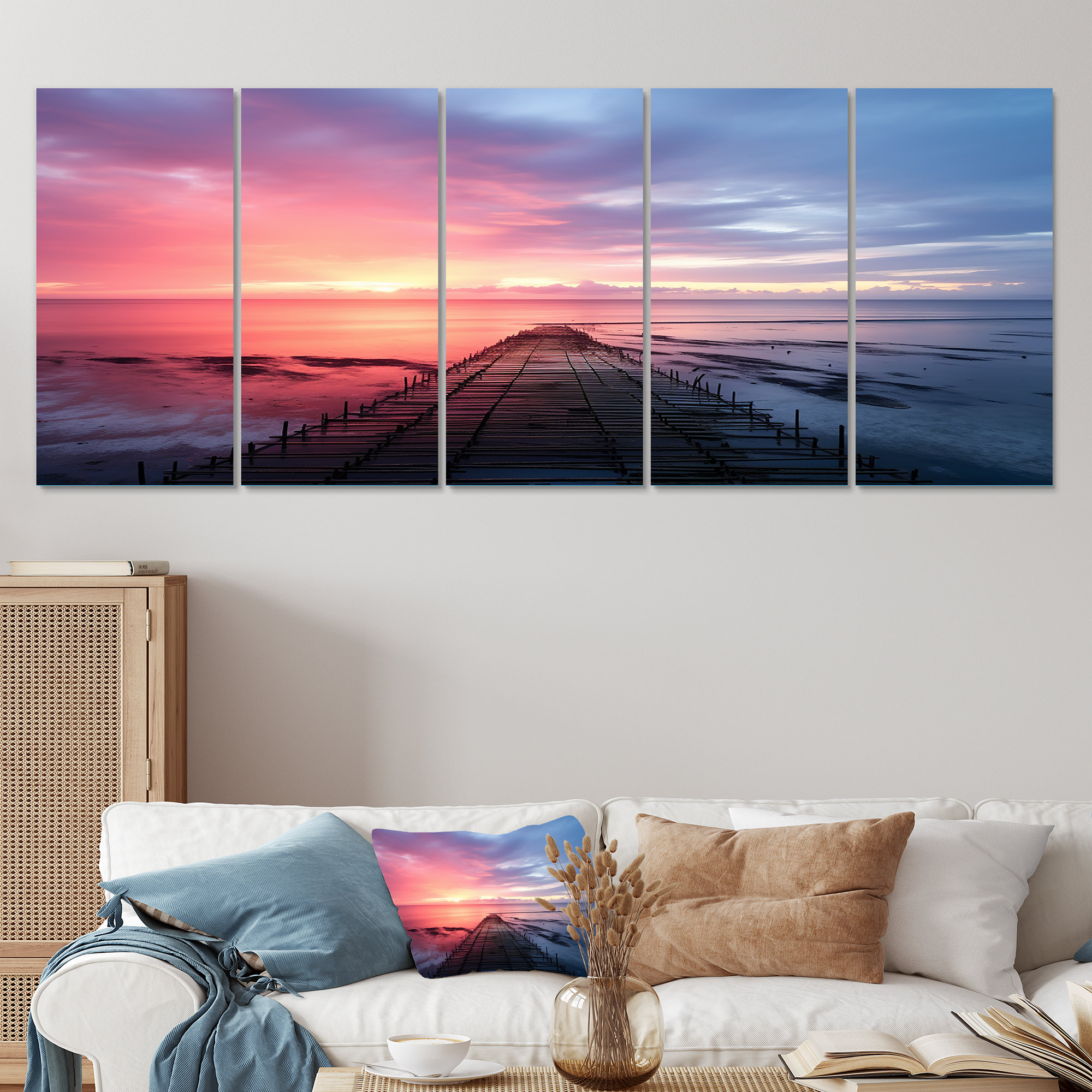Dovecove Pink And Blue Pier Horizon Sunset II - Coastal Pier 5 Piece ...