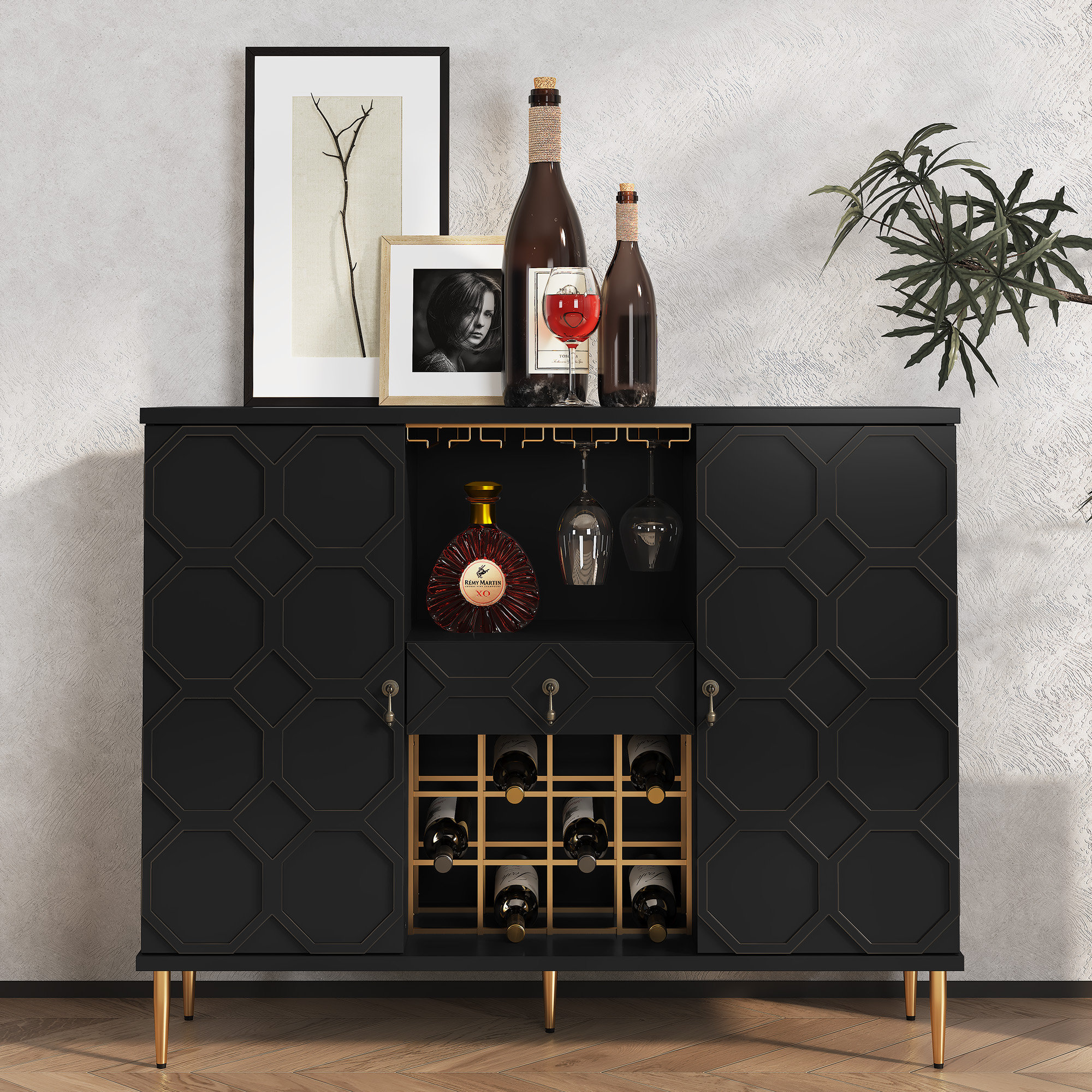 Mercer41 47.23'' Large Coffee Bar Cabinet with Bottle Rack Buffet ...
