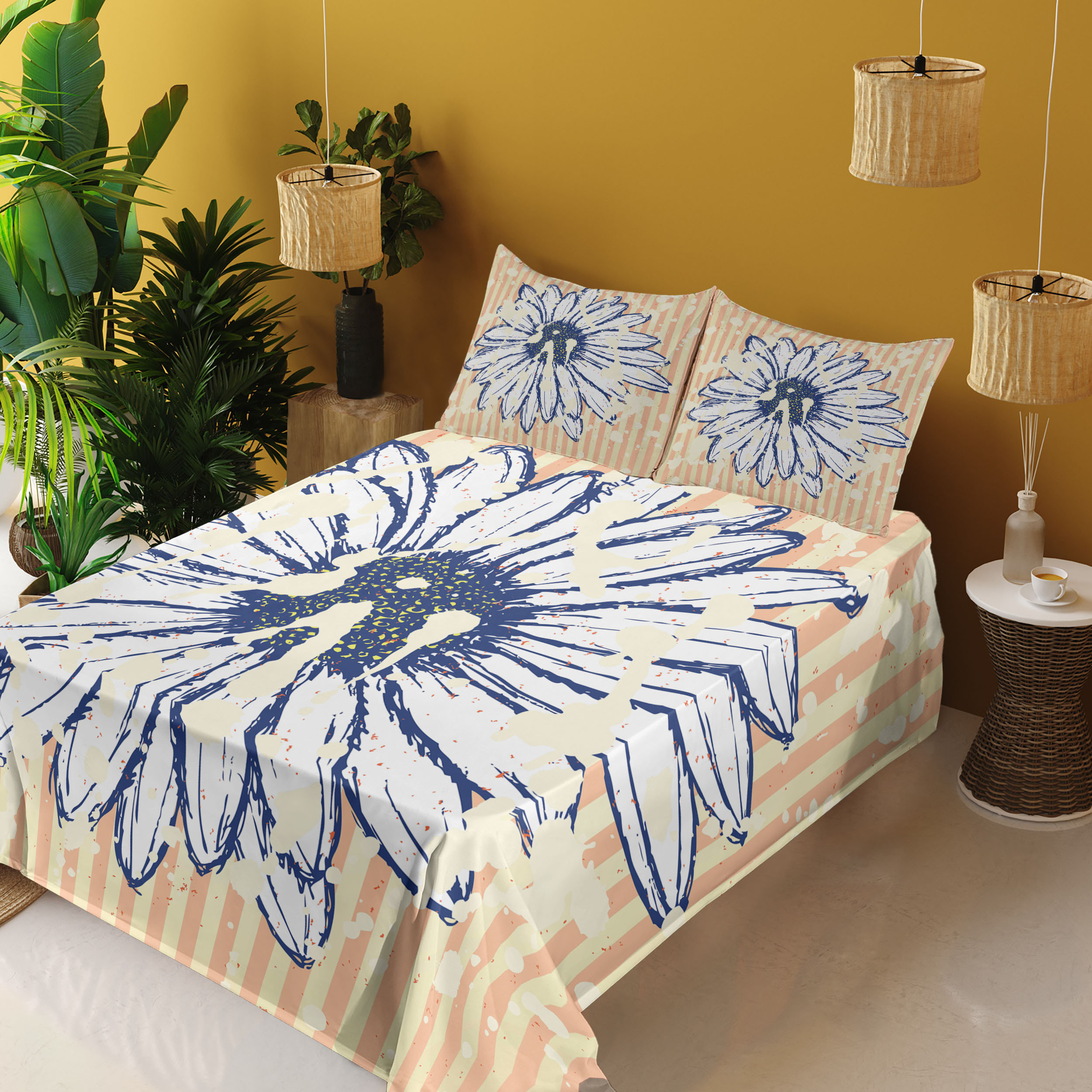 Ambesonne Daisy Sheet Set Chamomile with Gentle Petals Beige Dark Blue ...