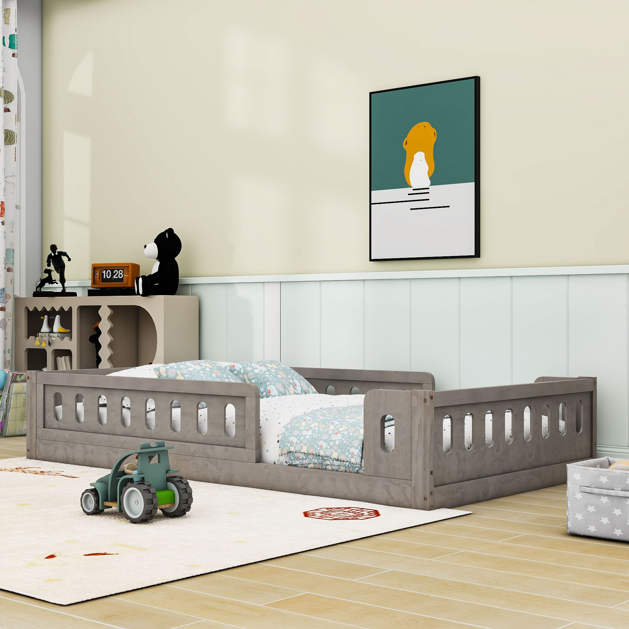 Harriet Bee Twin Size Wood Platform Bed With Semi-Enclosed Guardrail ...