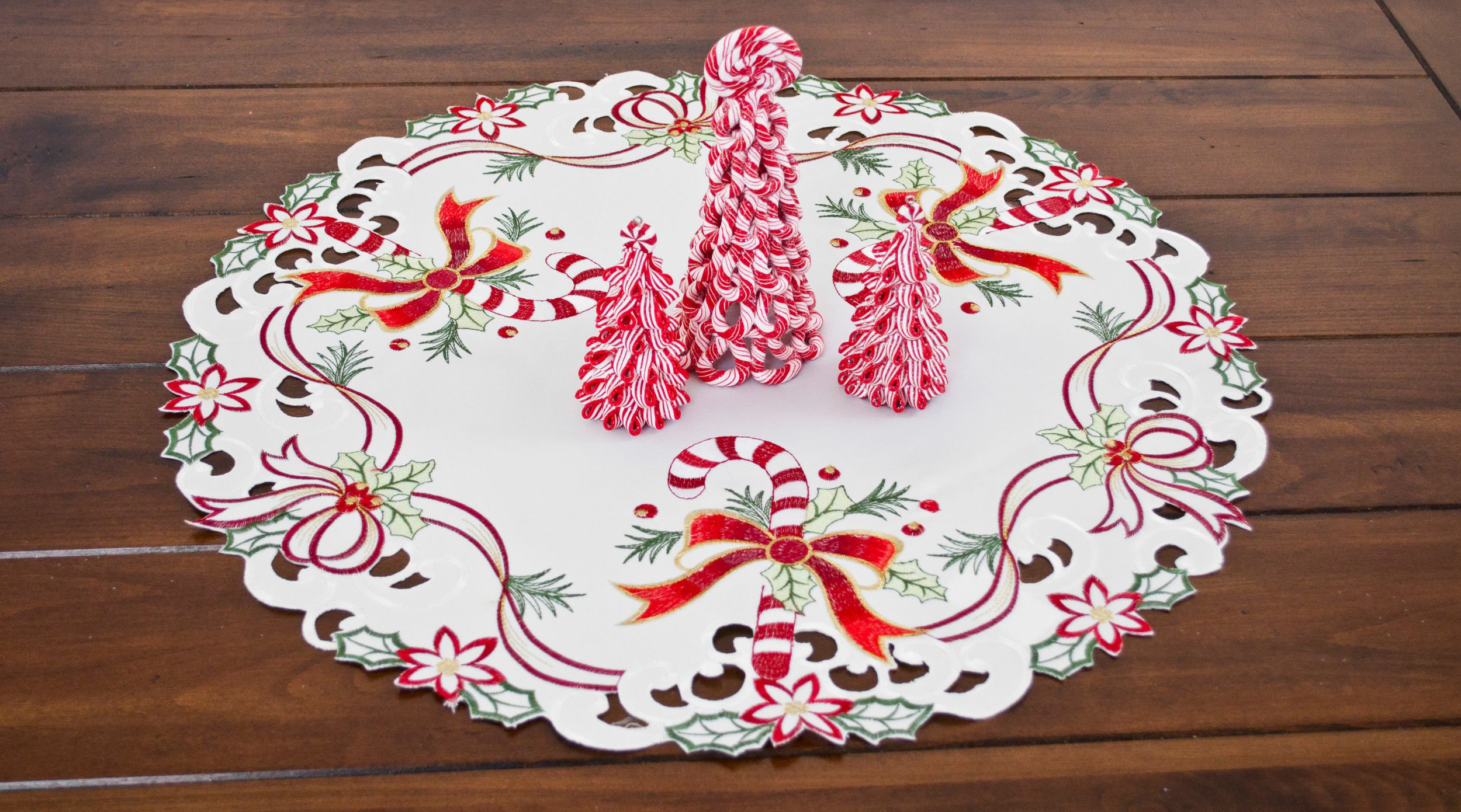 The Holiday Aisle® Julyus 23" Round Embroidery Candy Canes on White ...