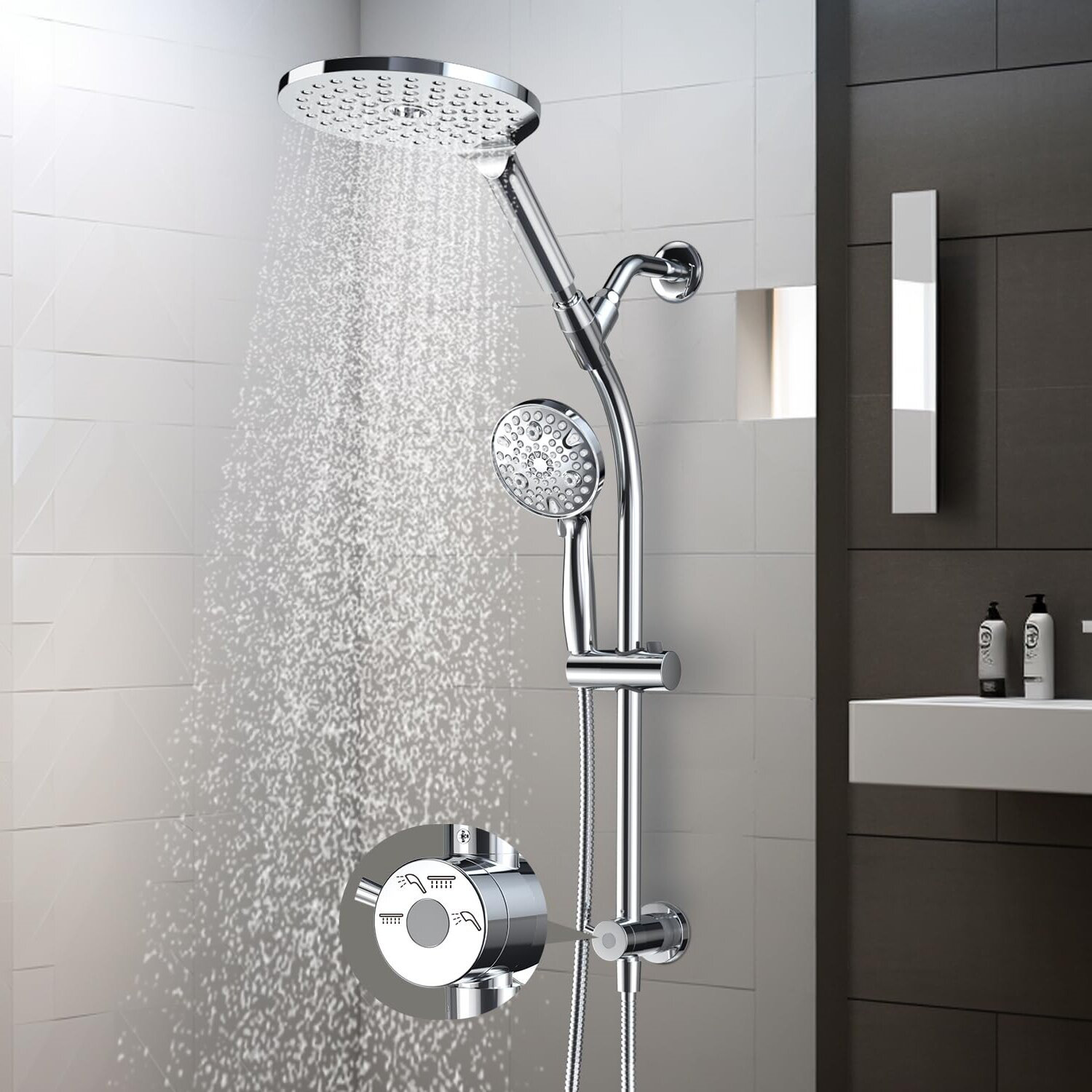 OLHAV 7.5" Rotatable Dual Shower Head with Handheld Combo, Adjustable ...