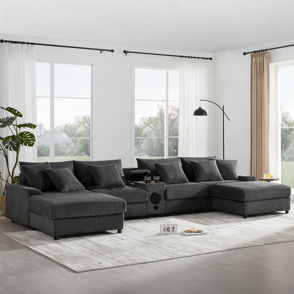 Orren Ellis U Shaped Couch Corduroy Sectional Sofa with Bluetooth ...