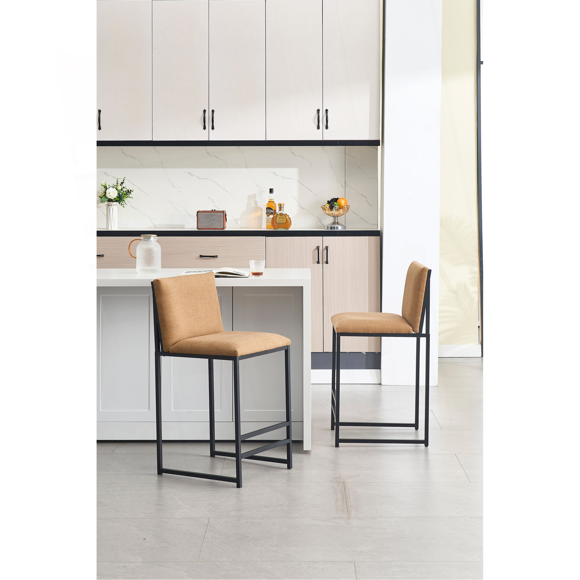 Latitude Run® Counter Height Bar Stools Set Of 2, Upholstered Linen Bar ...