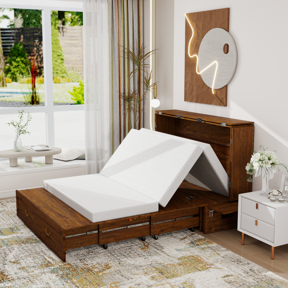 Loon Peak® Murphy Bed Storage Cabinet with Drawers, Mattress Included ...