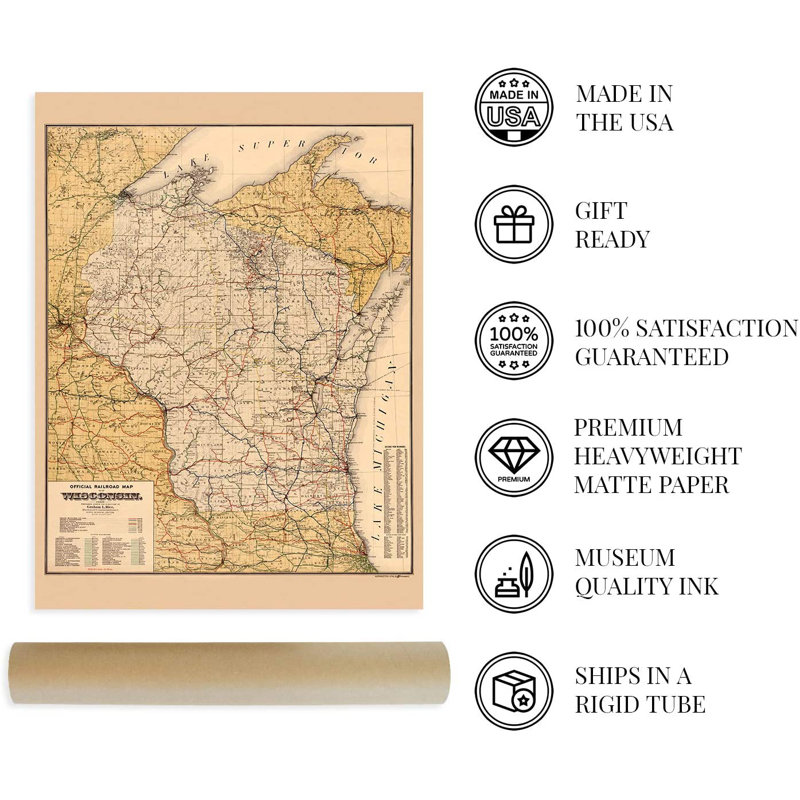 HISTORIC PRINTS HISTORIX Vintage 1900 Wisconsin Map Poster - 18X24 Inch ...