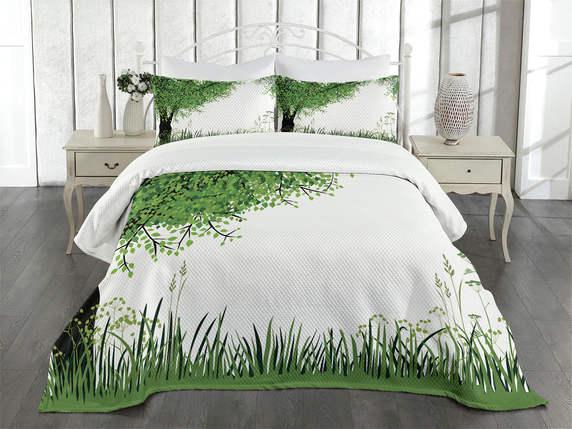 Ambesonne Nature Bedspread Set Tree Grass Summer Fern Green Black | Wayfair
