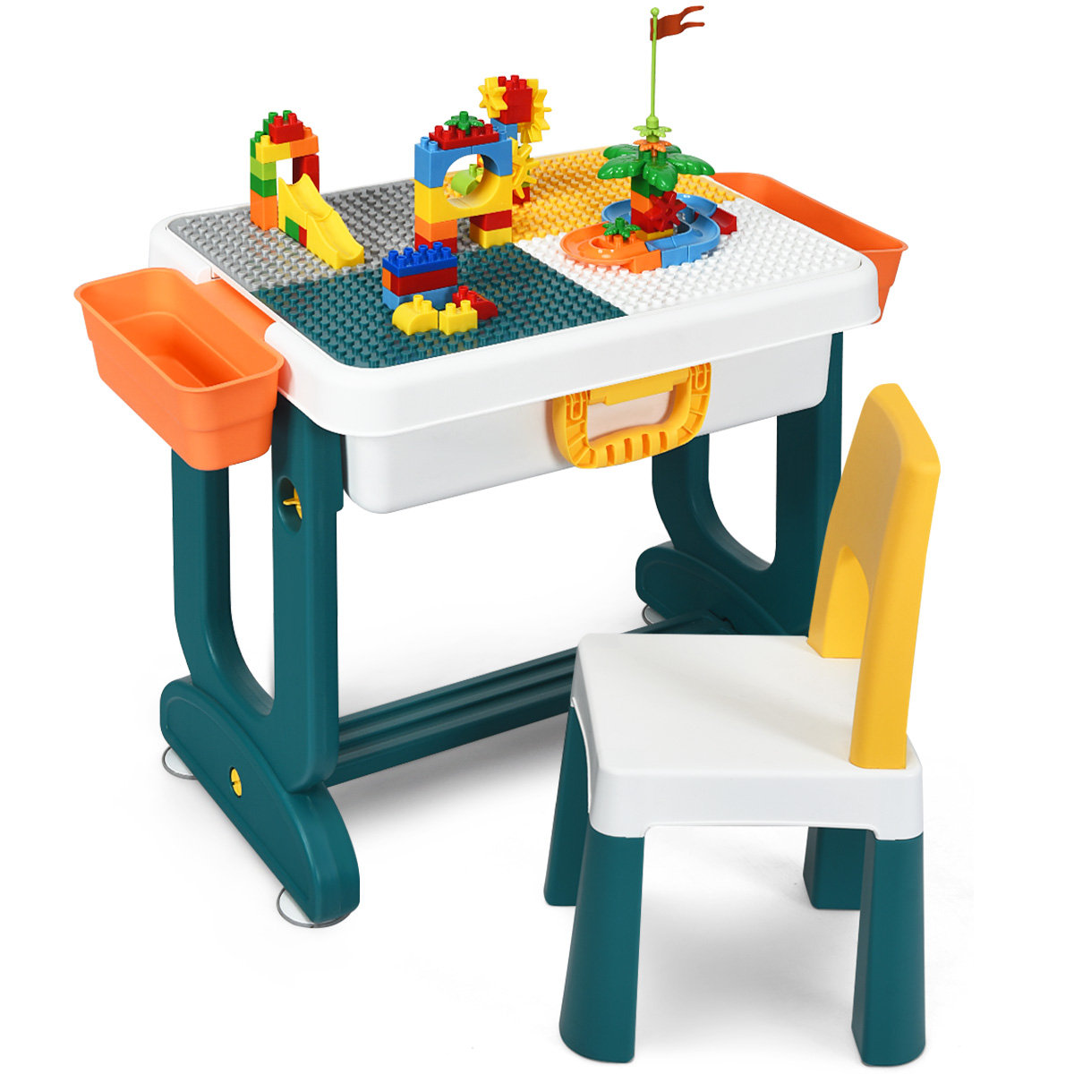 Topbuy Kids 5-in-1 Building Block Table W/chair & Double-sided Table ...
