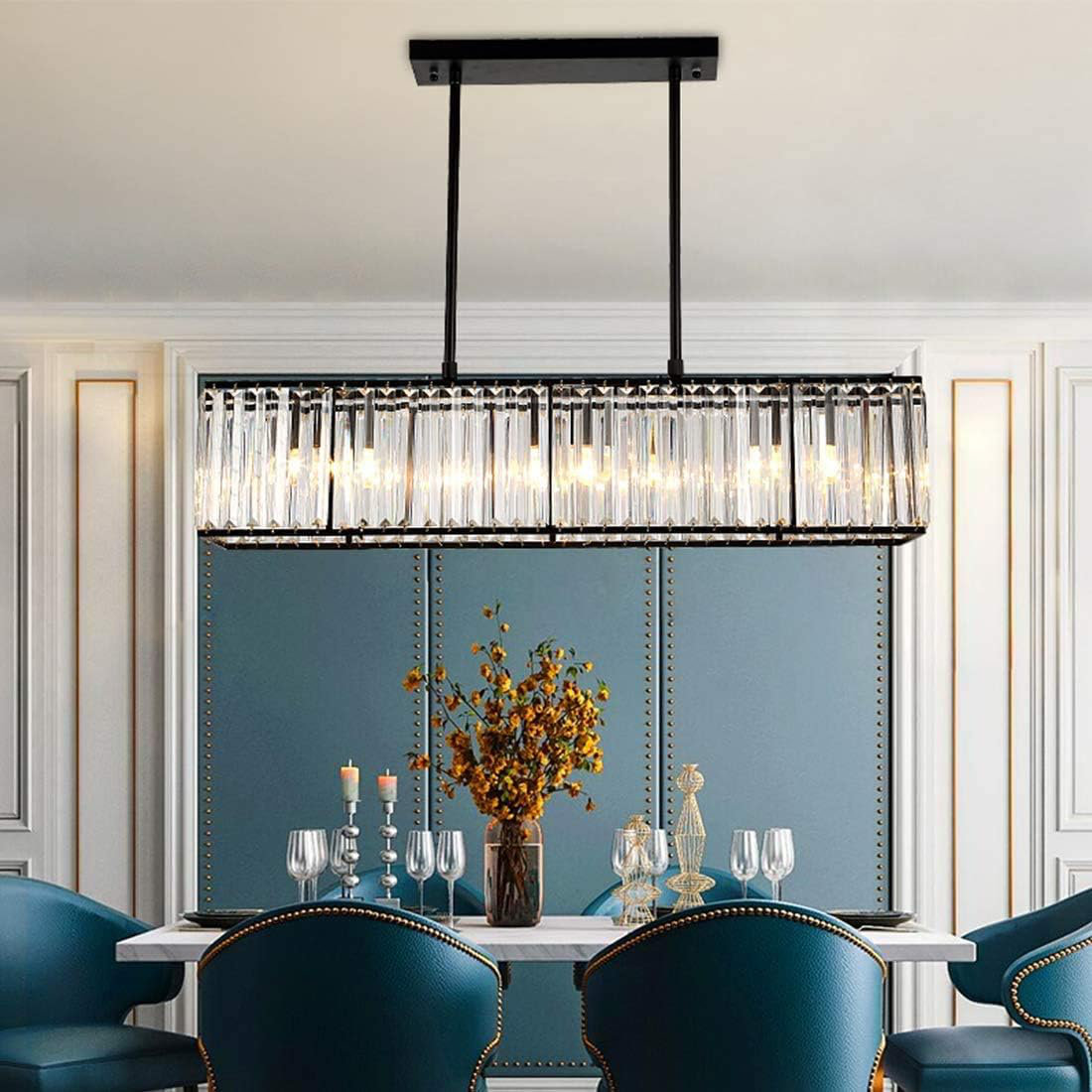 Mercer41 Modern Rectangular Crystal Chandelier With Adjustable Height ...