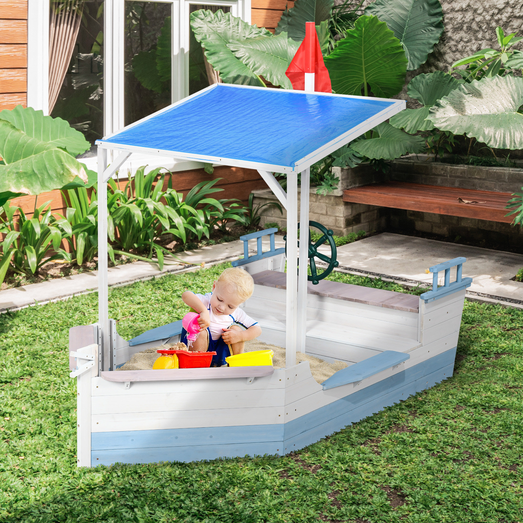 Outsunny 43.25'' x 62.5'' Solid Wood Rectangular Sandbox with Cover ...