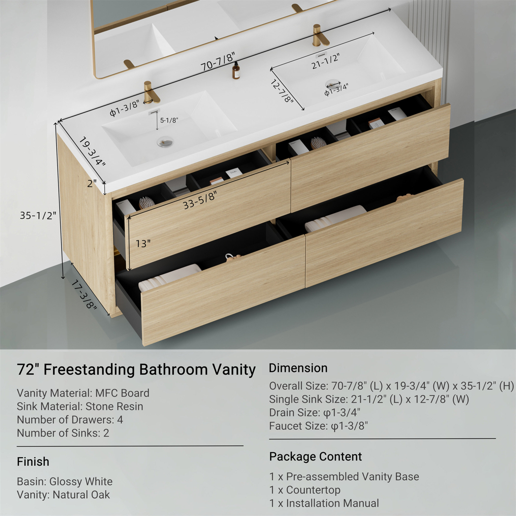 Tryimagine 72" Freestanding Bathroom Vanity With Sink, Bathroom Storage ...