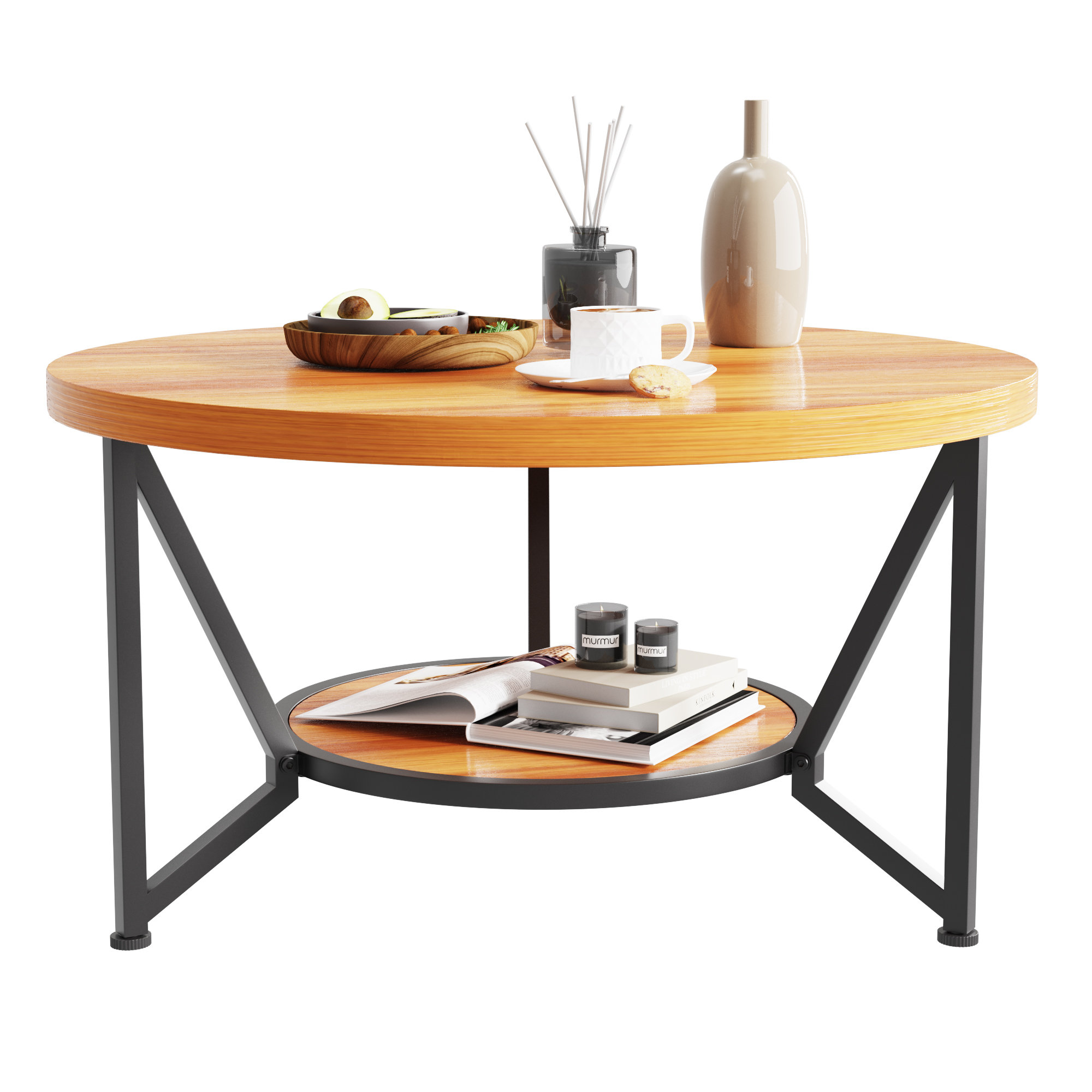 17 Stories Round Coffee Table, 31.7" Wooden 2-Tier Circle Coffee Table ...