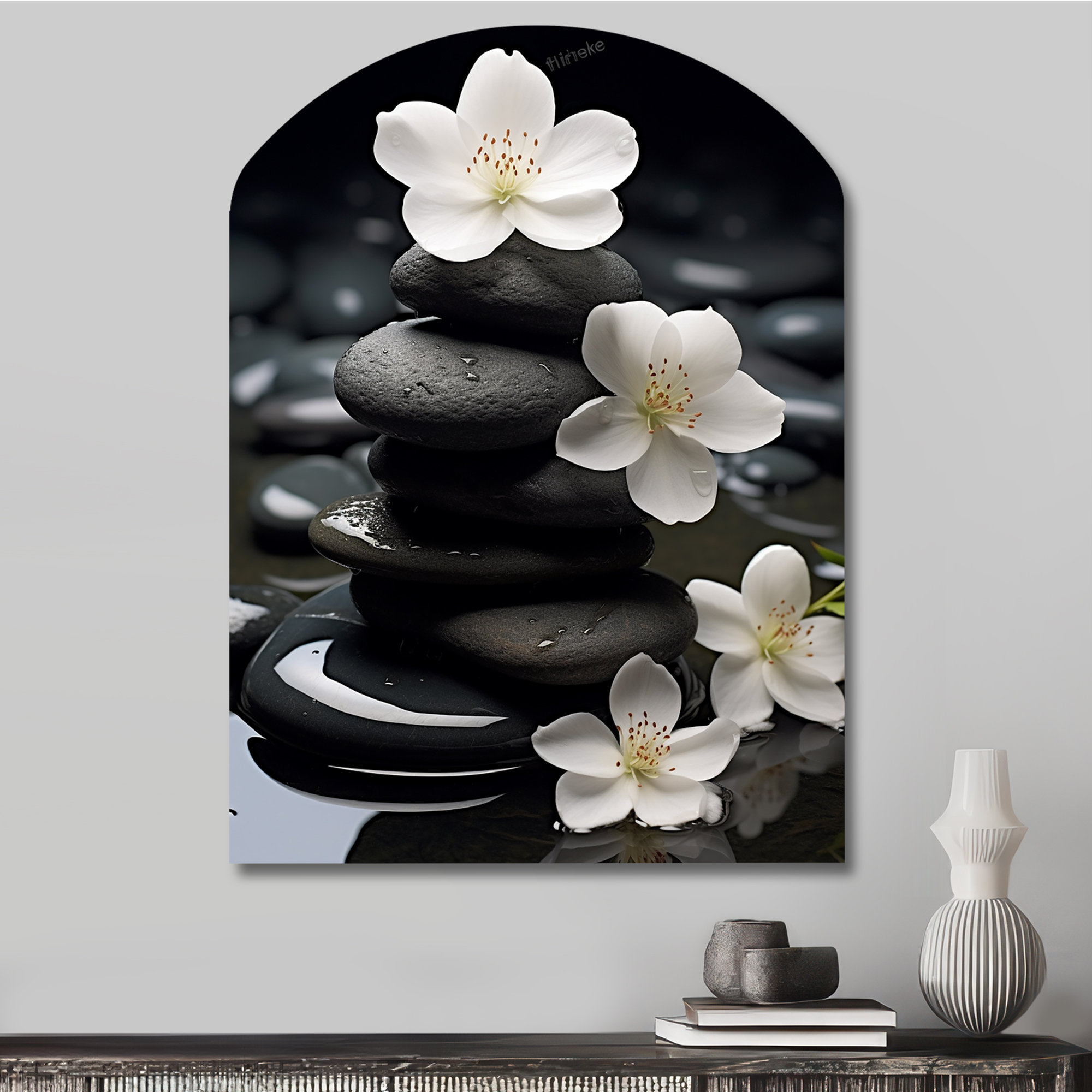 Design Art Zen Serenity White Flowers Black Stone Cairn - Spiritual ...