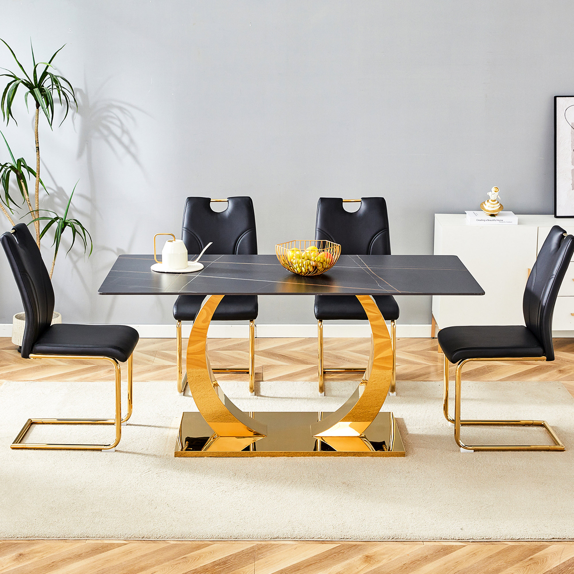 Ivy Bronx Stainless Steel O-shaped Legs Sintered Stone Table And 6 ...