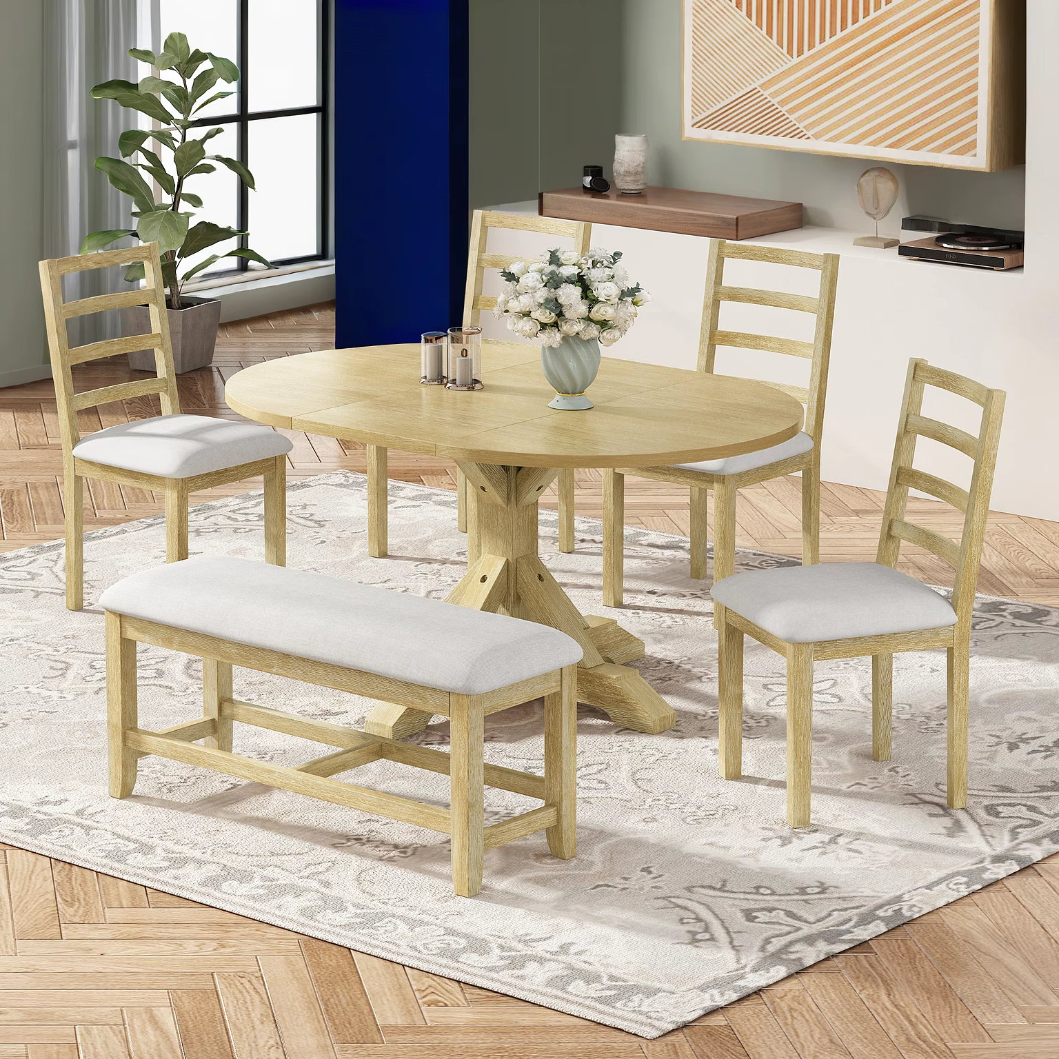 Gracie Oaks Farmhouse 6-Piece 60Inch Extendable Pedestal Dining Table ...