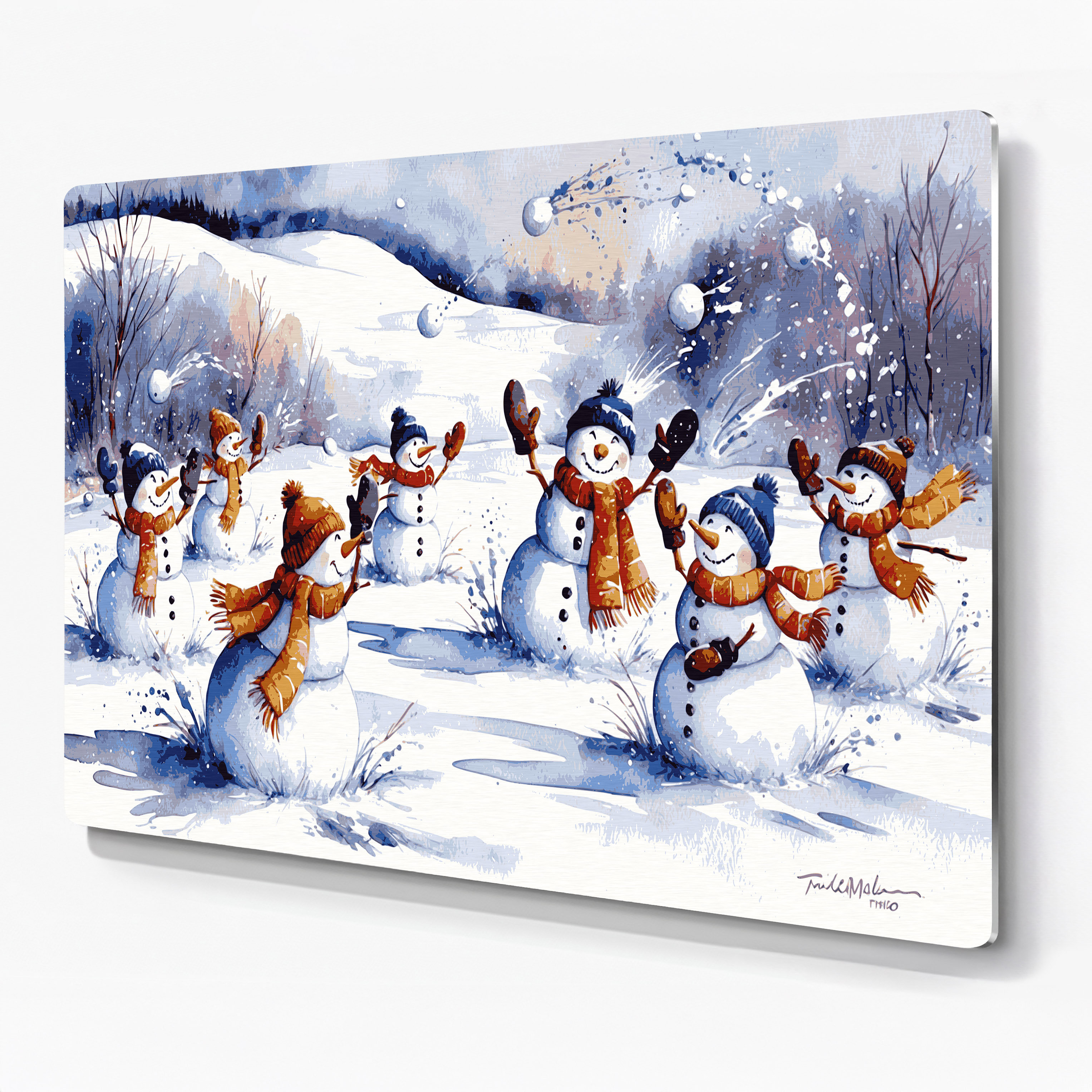Hokku Designs Christmas Snowmen having a snowball fight Blue Metal Wall ...
