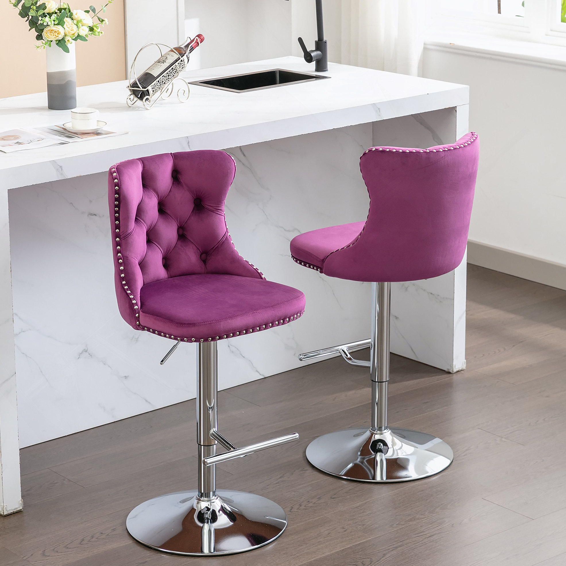 Mercer41 Purple Adjustable Height Swivel Metal Pedestal Bar Stools with ...