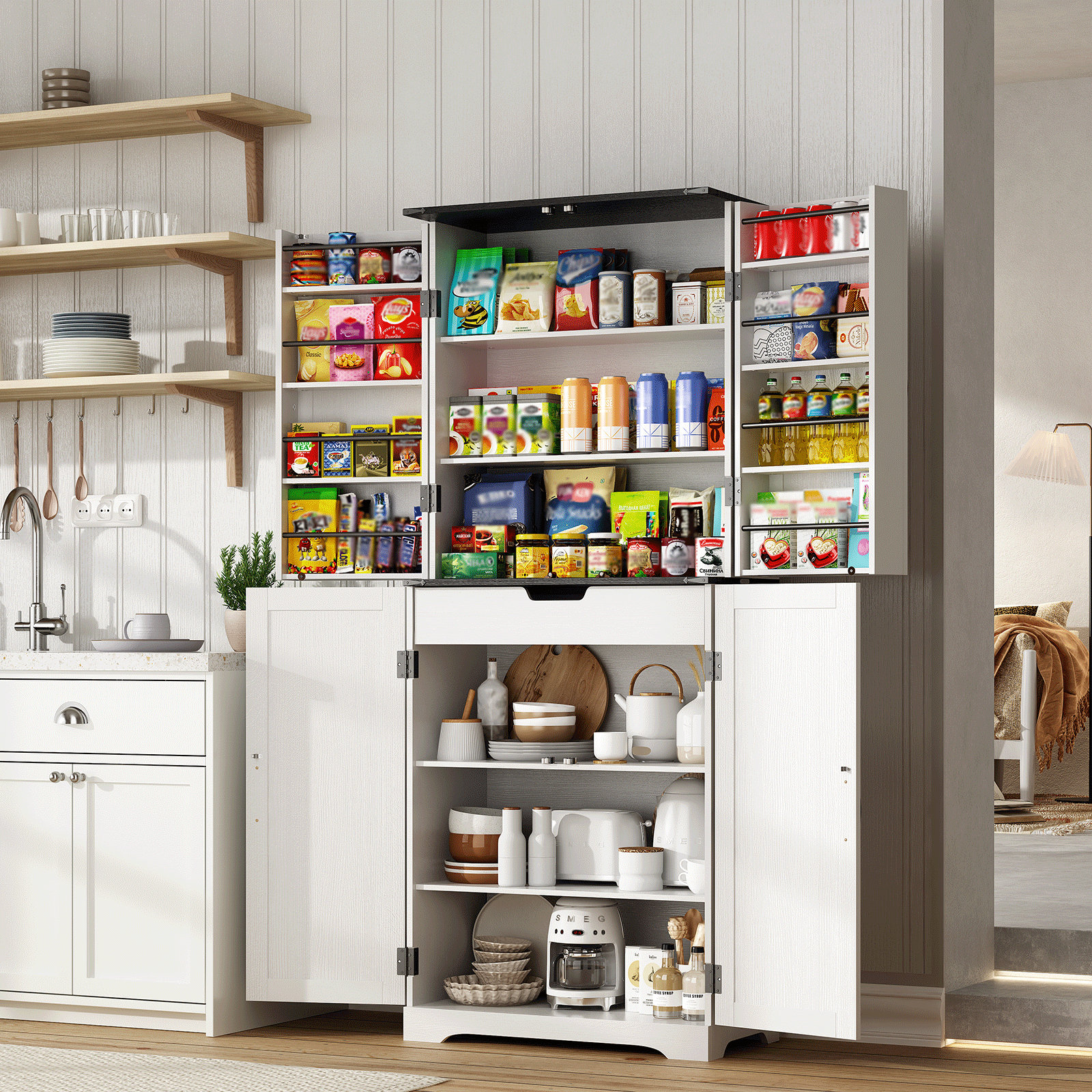 Redlife 72" Tall Kitchen Pantry Storage Cabinet with Barn Doors Food ...