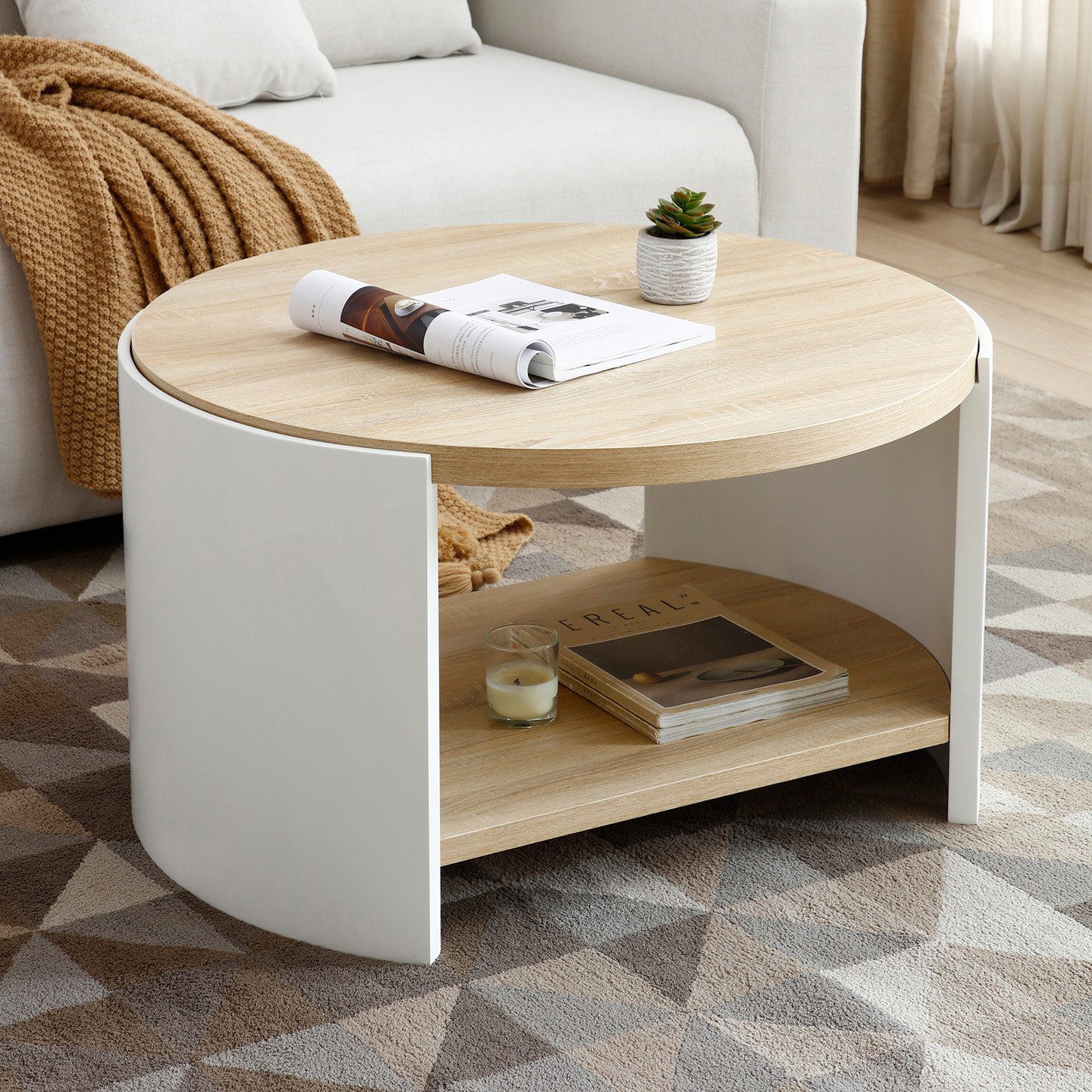 Ebern Designs Table basse ronde, table basse, table rustique à 2 ...