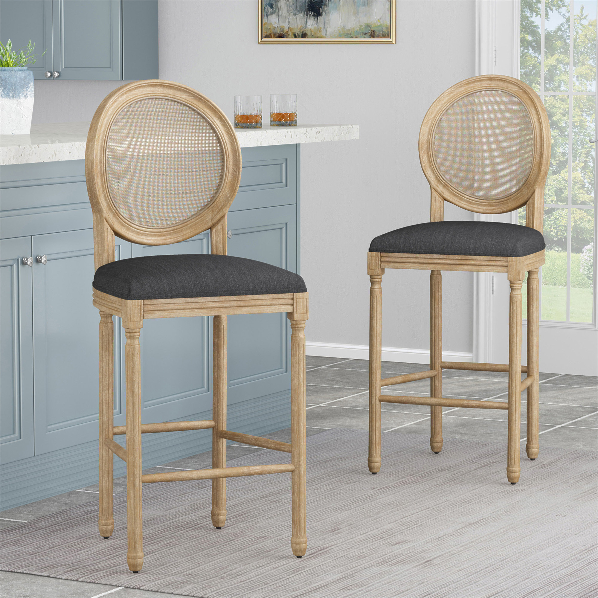 One Allium Way® French Country Cane Bar Stool 2 Piece Set With Solid ...