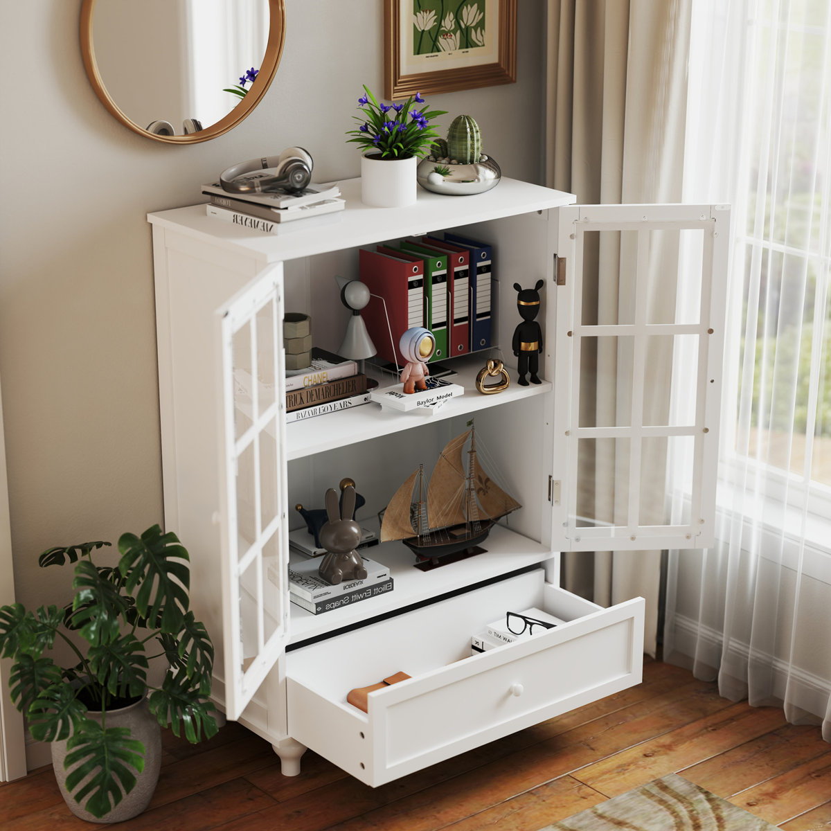 Alcott Hill® Minimalist Buffet Cabinet With Double Glass Doors And ...