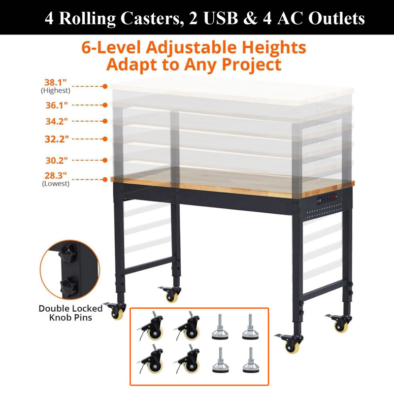 WFX Utility™ 48" Adjustable Workbench With Brake Wheels, 2000 Lbs ...