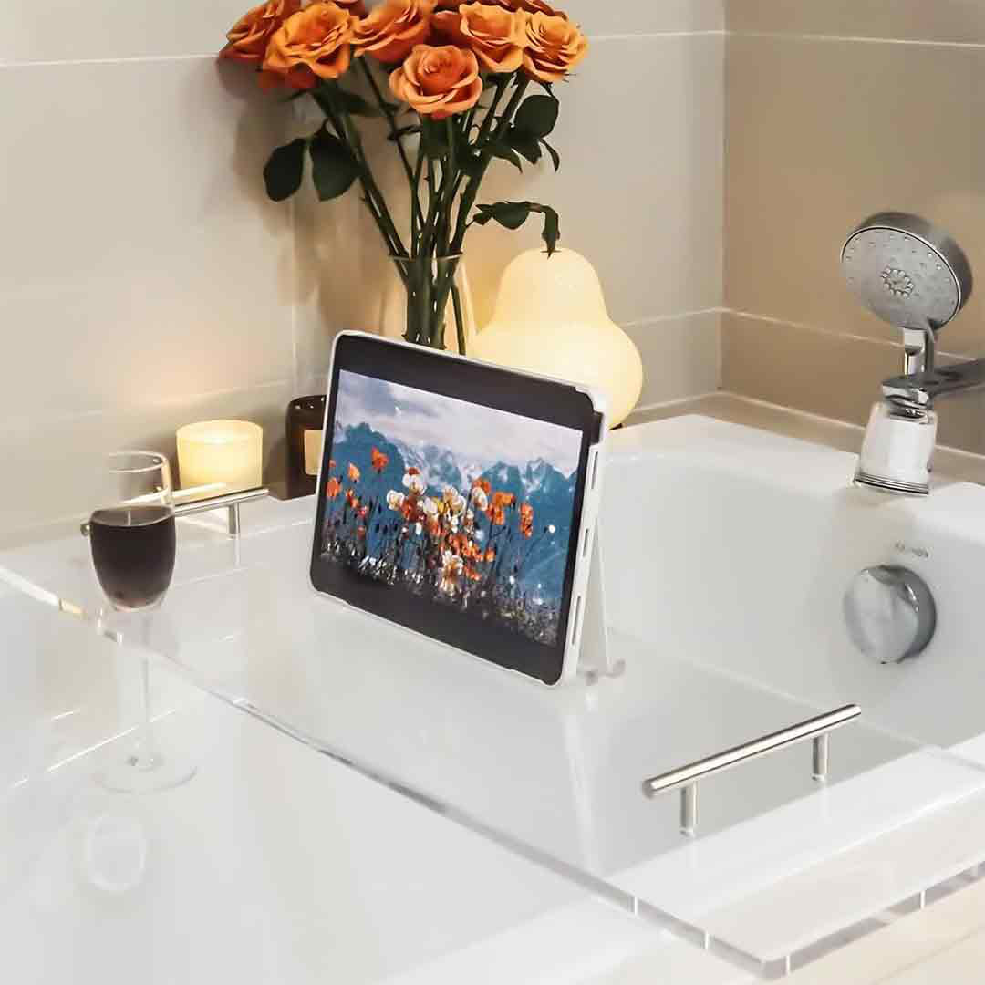 Orren Ellis Acrylic Bathtub Tray Bathtub Tray Caddy Bath Tray Table For Tub Luxury Spa With Book ...