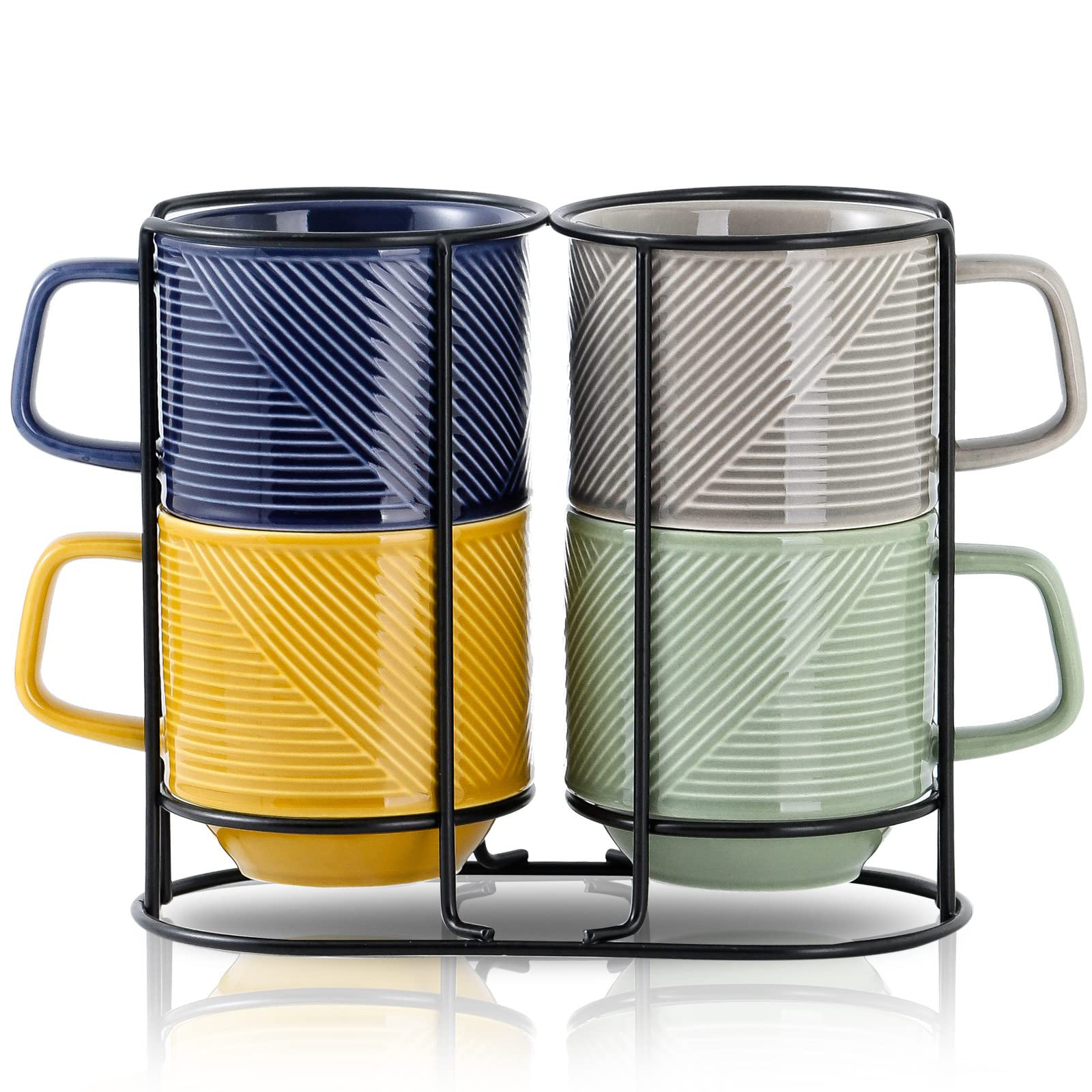 BOJUNTAN Stackable Coffee Mugs With Rack : Ceramic Coffee Mugs Set Of 4 ...