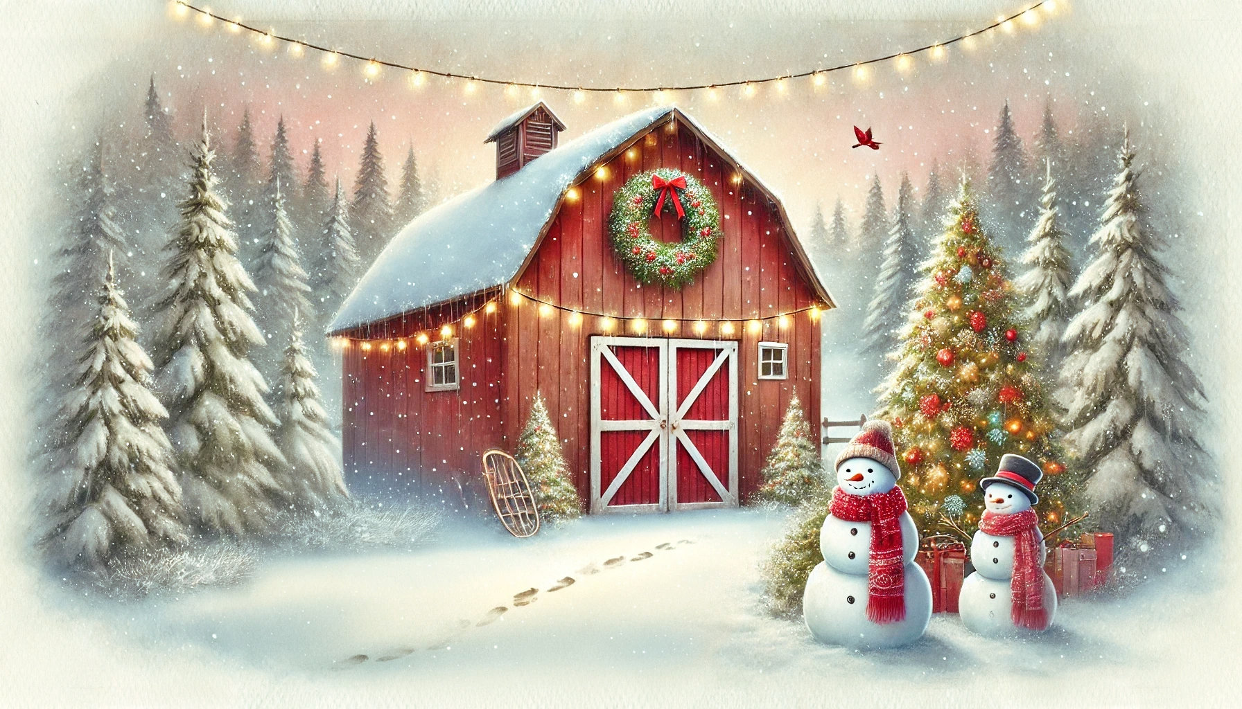 The Holiday Aisle® Rustic Red Barn with Christmas Tree and Snowmen ...