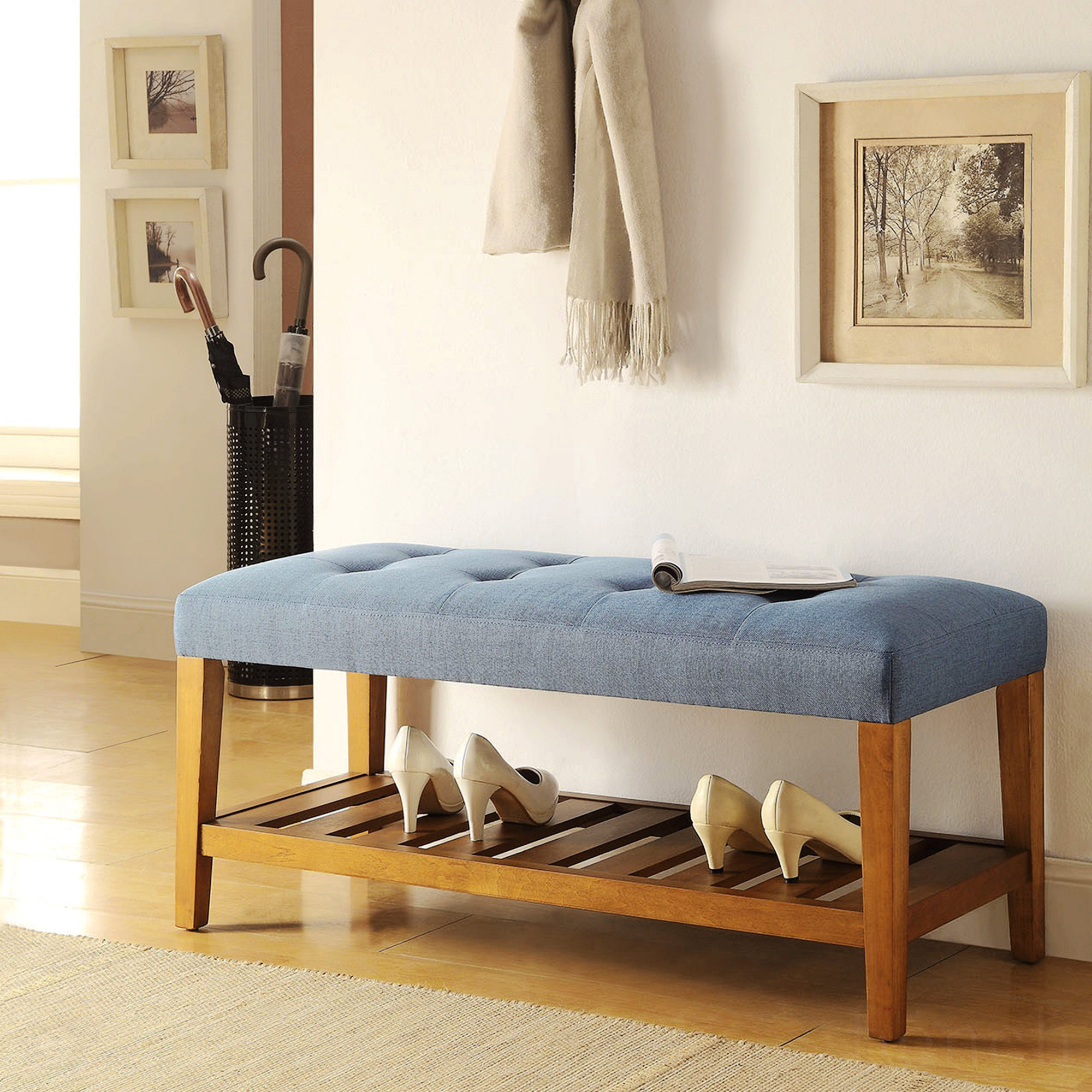 Red Barrel Studio Light Blue And Oak Tufted Padded Seat Bench - Wayfair ...