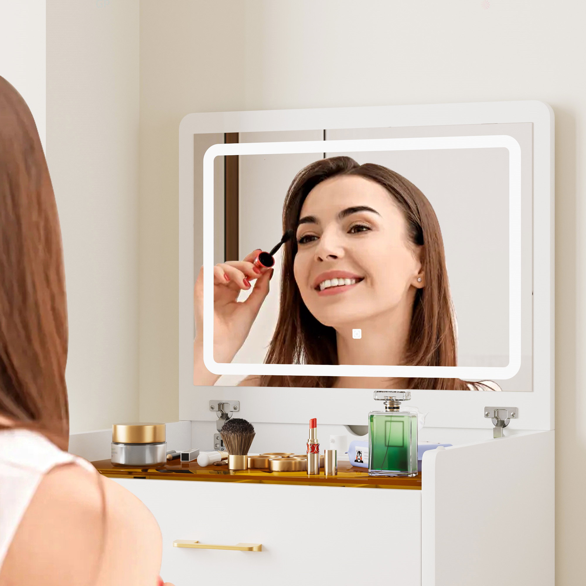 Ivy Bronx Makeup Vanity Table With Flip Top Lighted,Storage Makeup ...