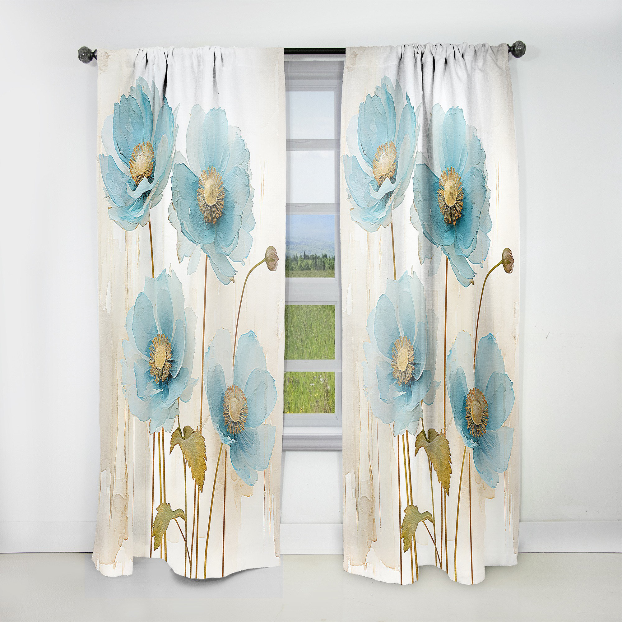 East Urban Home Nyah Blue And Grey Poppy Meadow - Poppies Curtain ...