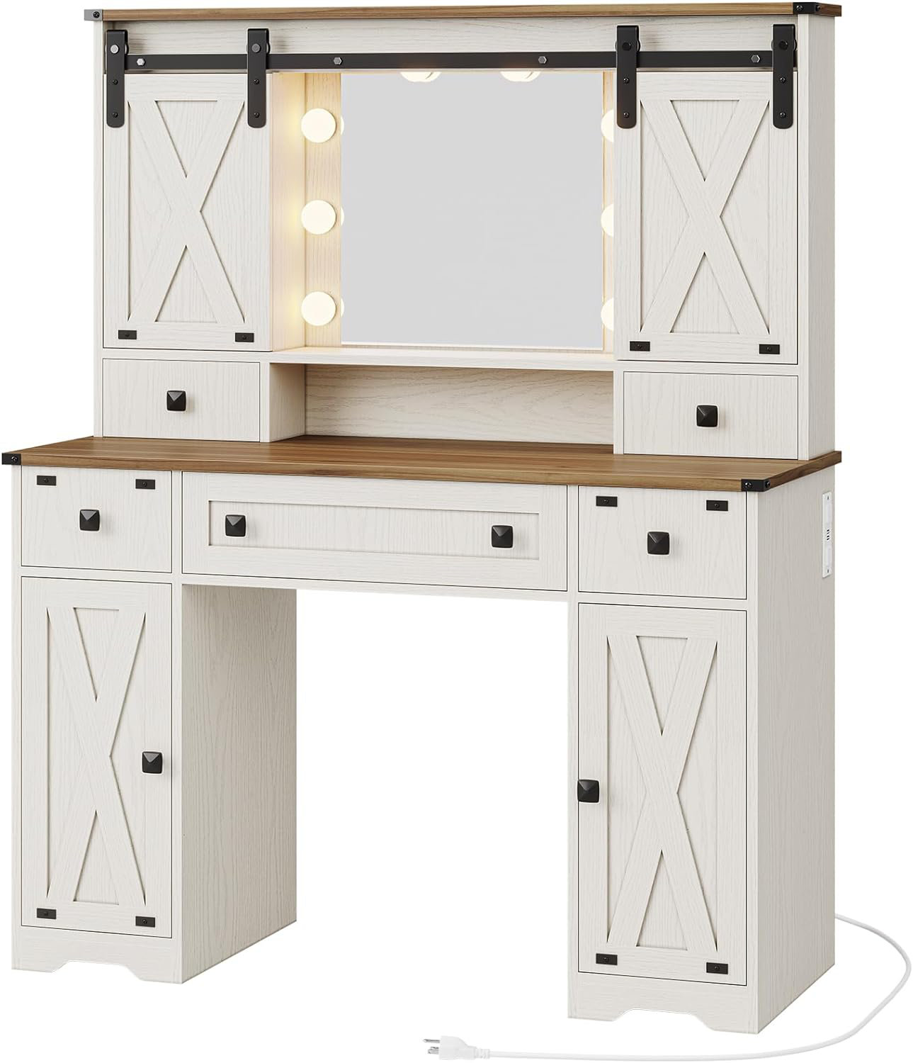 Gracie Oaks Farmhouse Vanity Desk With Mirror And Lights, White Makeup ...