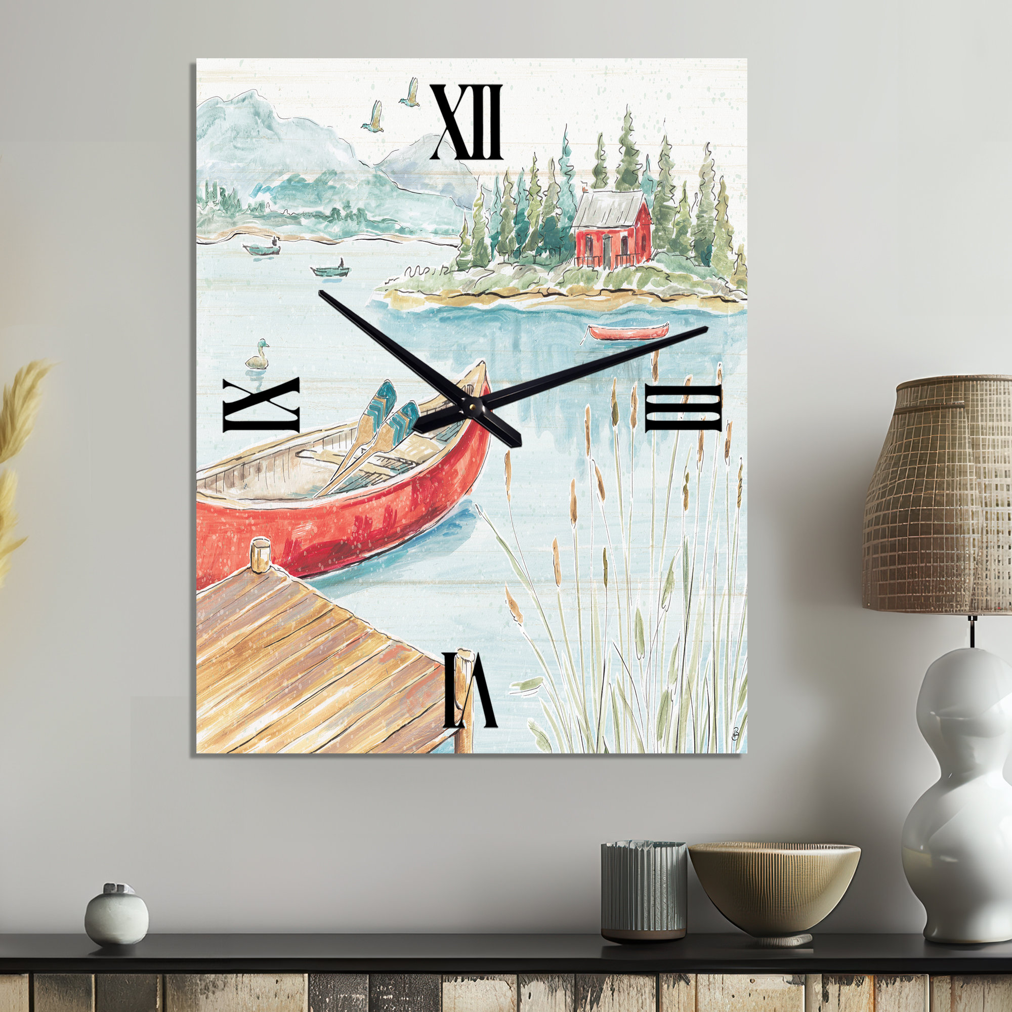 East Urban Home Lake House Canoes I - Landscapes Metal Wall Clock | Wayfair
